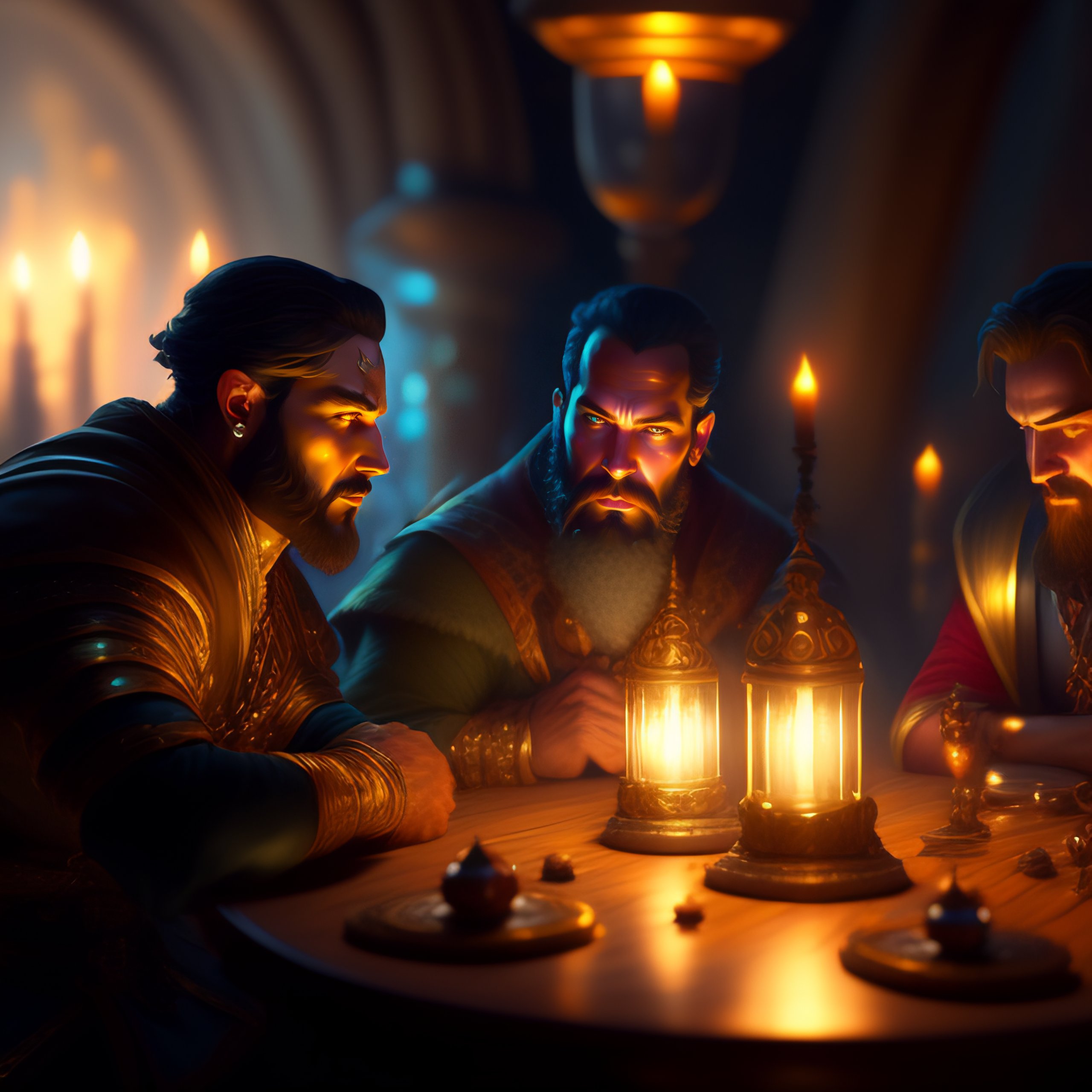 Lexica - Three men around a table trading glowing crystals, magical ...