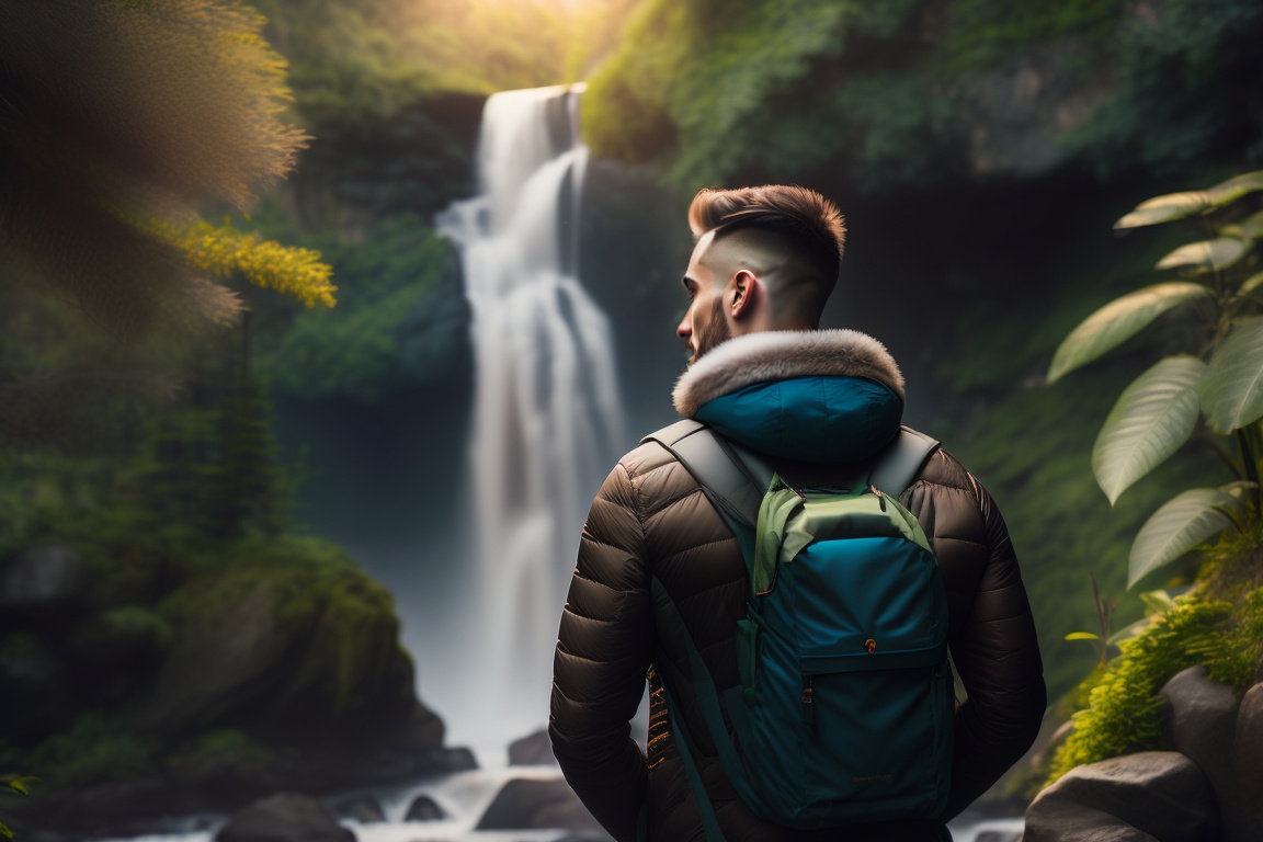 Lexica - A snapshot of a man staring in awe at a cascading waterfall ...