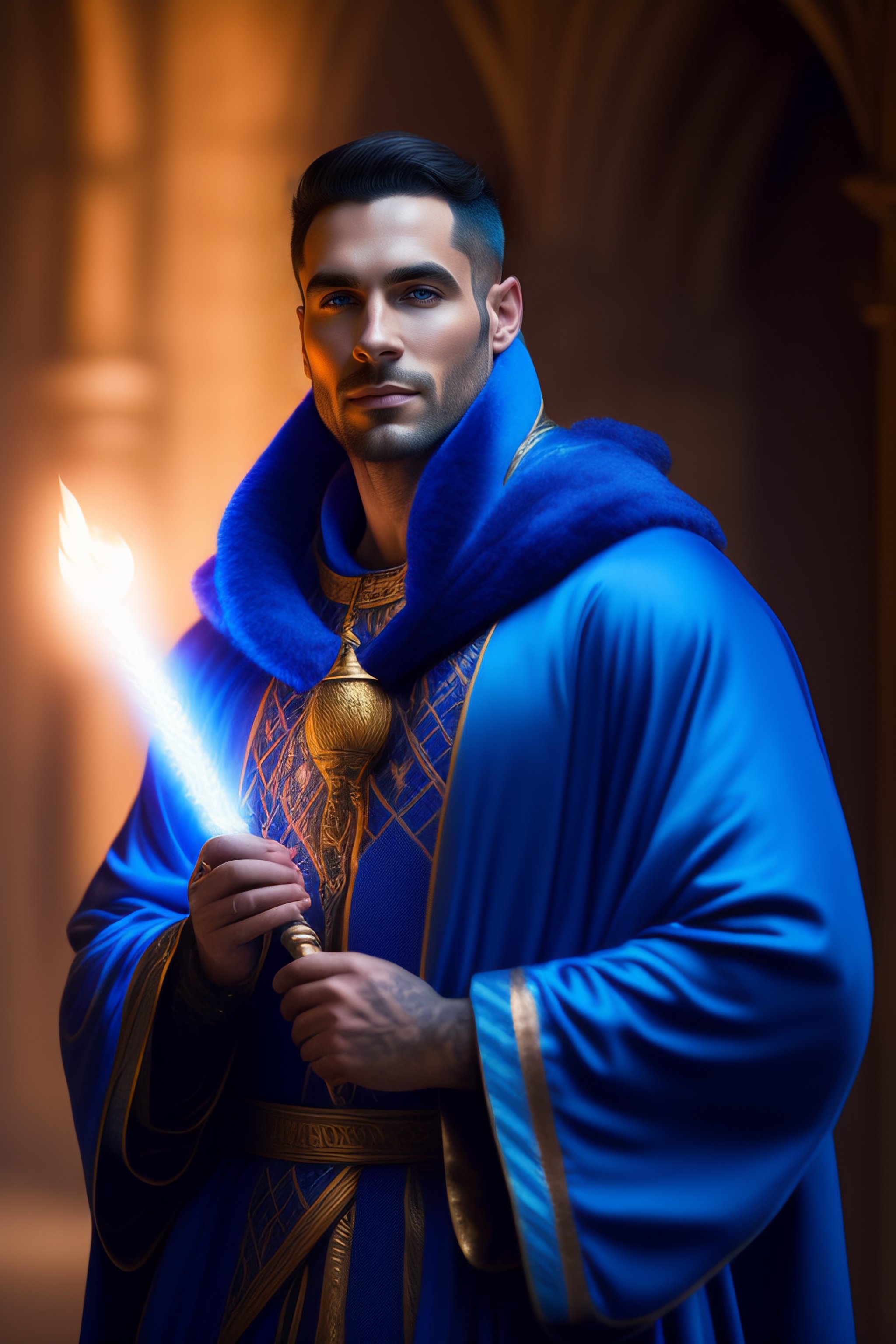 Lexica - 32 age old beardless male wizard with blue robe and hoodie ...