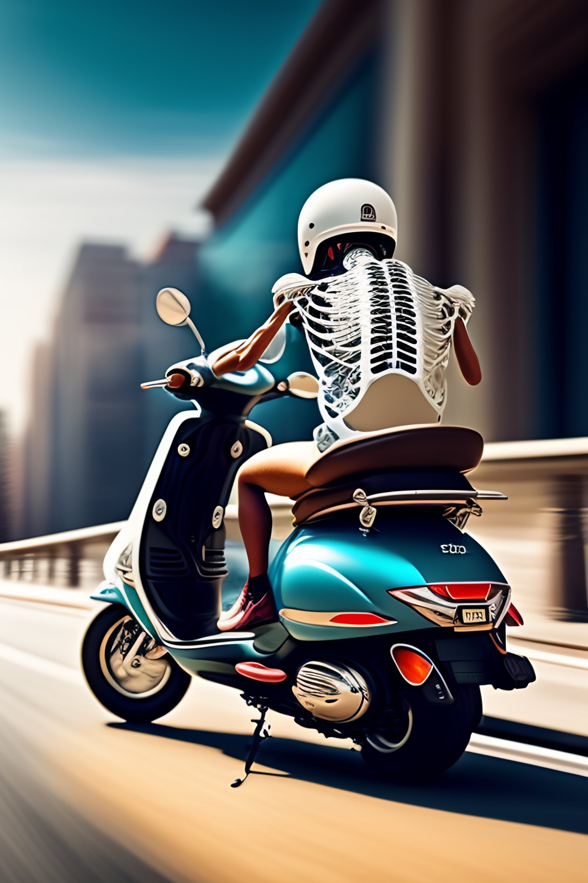 Lexica - Skitz of a human skeleton on a moving vespa