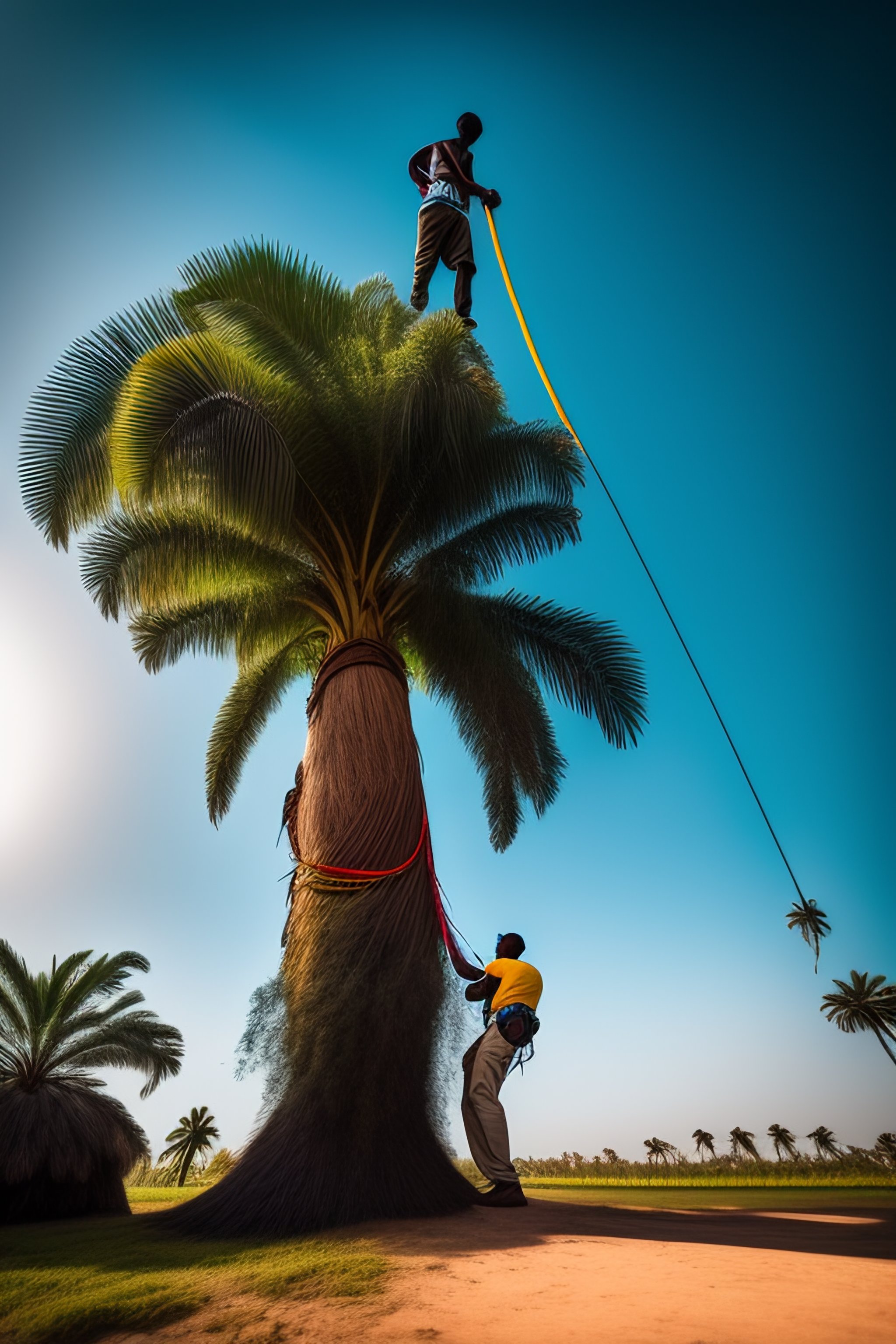 Lexica - A Palm Wine Tapper climbing a palm tree with ropes and a keg ...