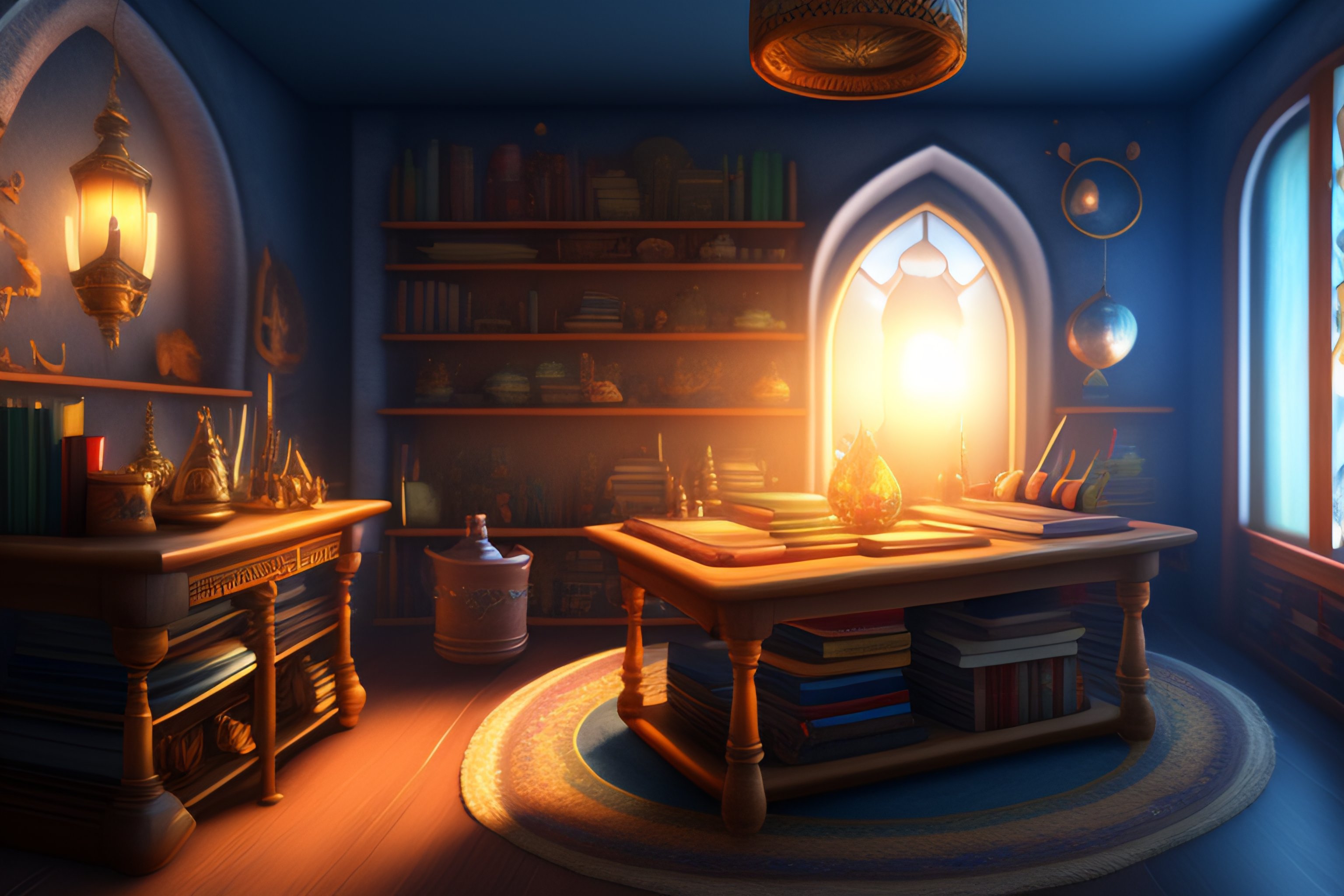 Lexica - Panoramic view of wizars's room with fantasy wizard's work ...
