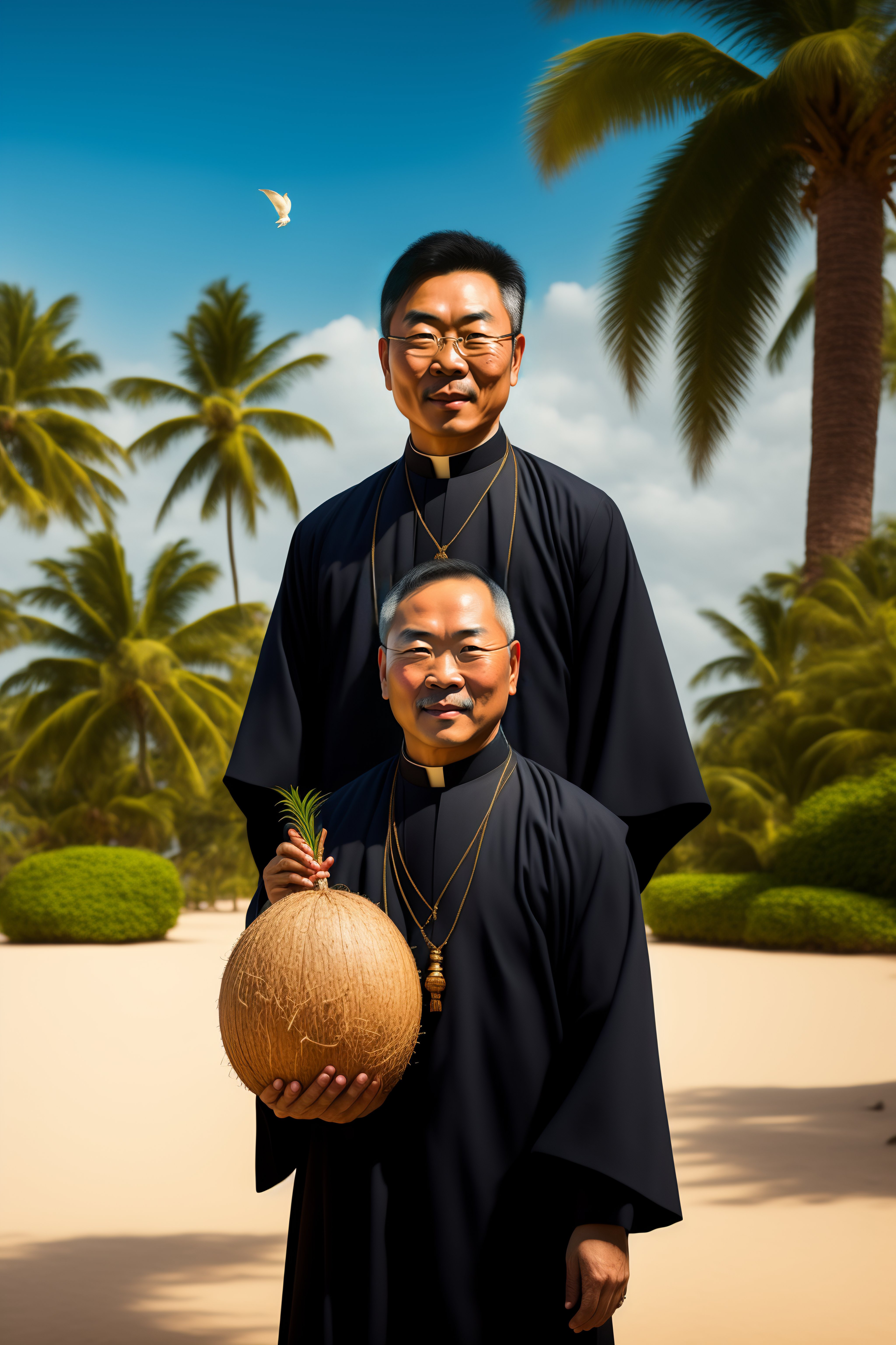 Lexica - Portrait of an Asian priest with a coconut in front of a palm tree