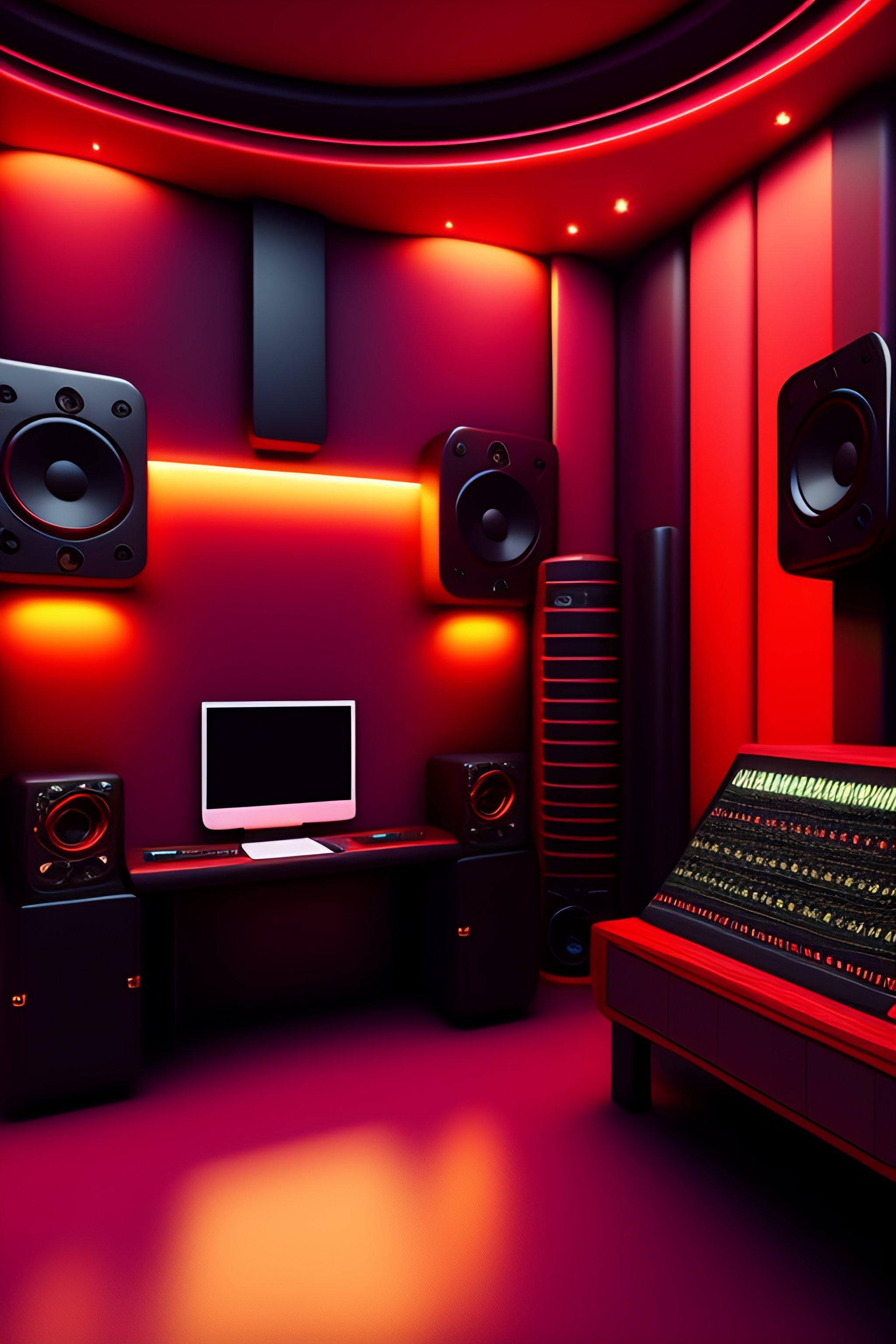 Lexica - Futuristic cyberpunk homey cozy recording studio, dark red ...