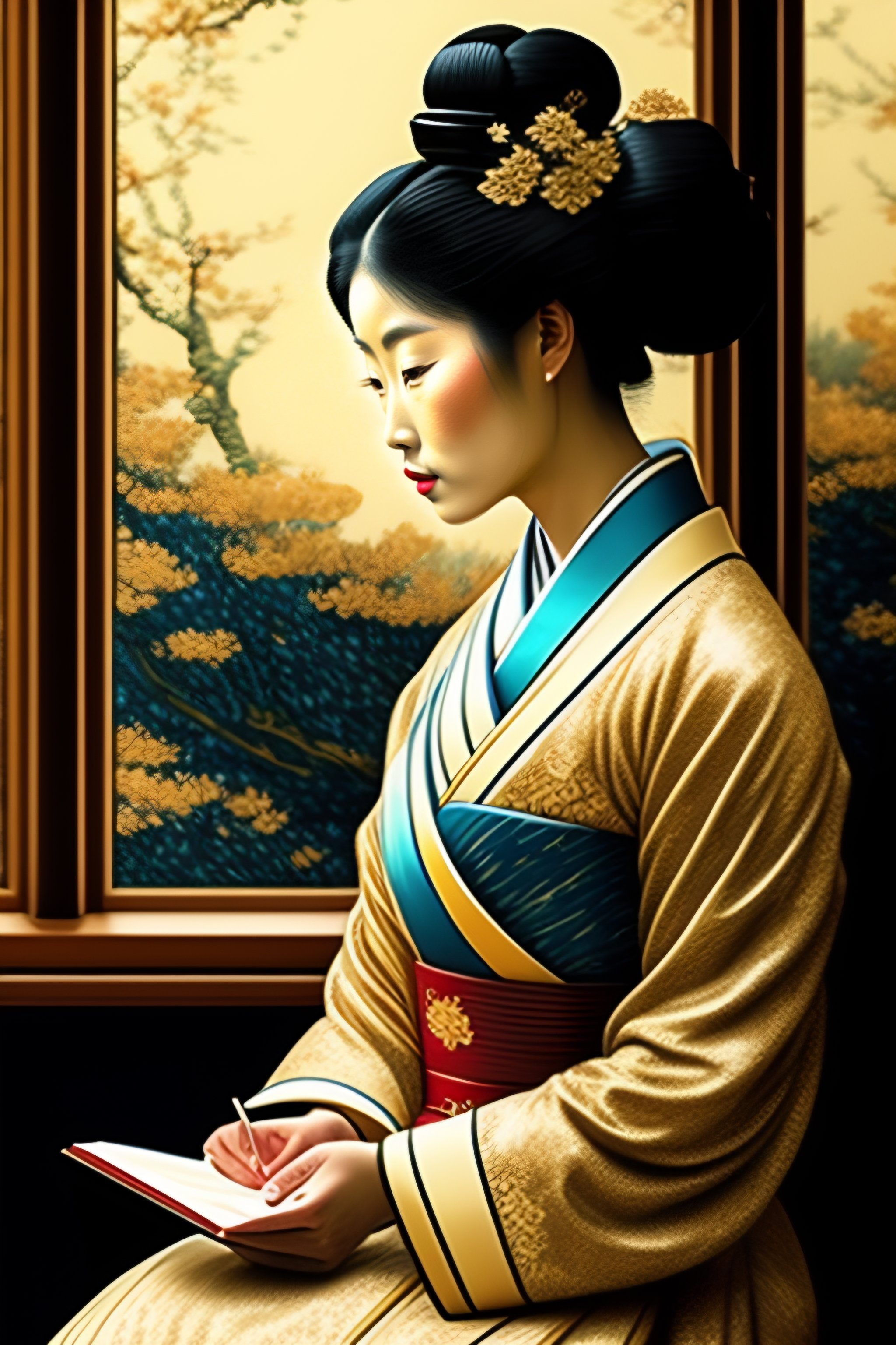 Lexica - Line drawing of a beautiful geisha reading a book by the ...