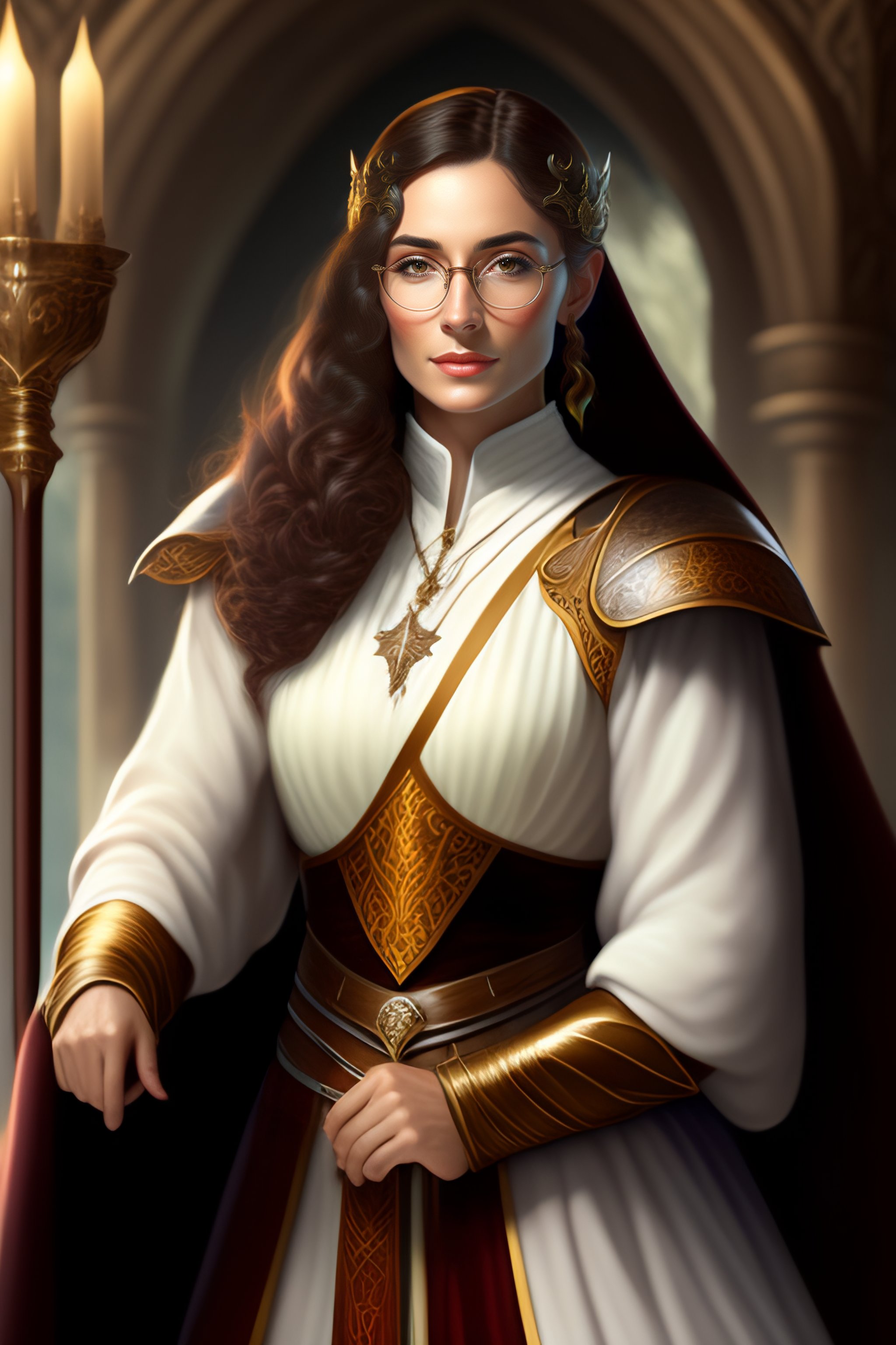 Lexica Young Female Half Elf Professor Wearing Brown Robes Spectacles White Shelled Armor