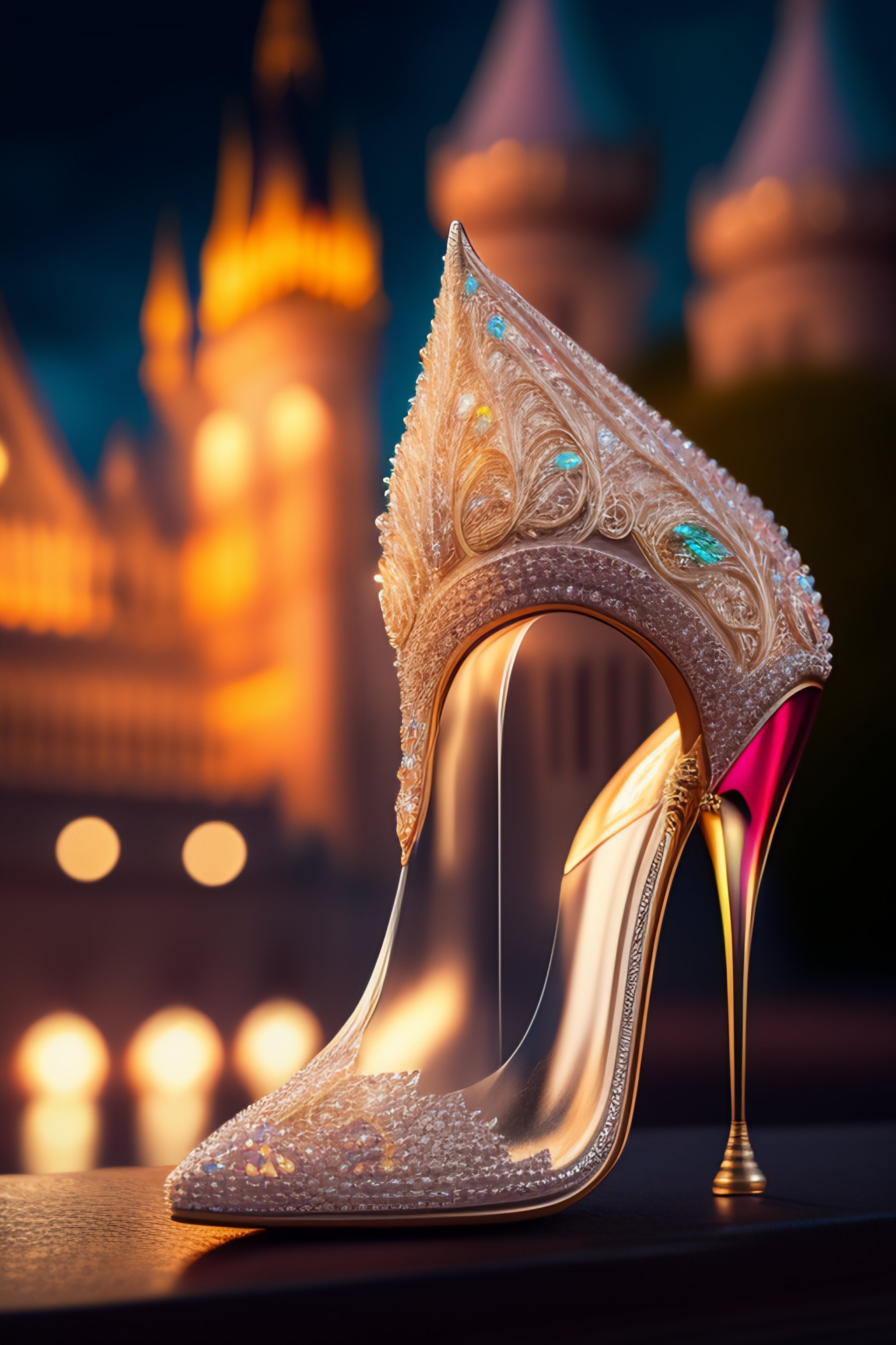 Lexica - Shiny clear intricate high heel shoe in front of a castle, 8k ...