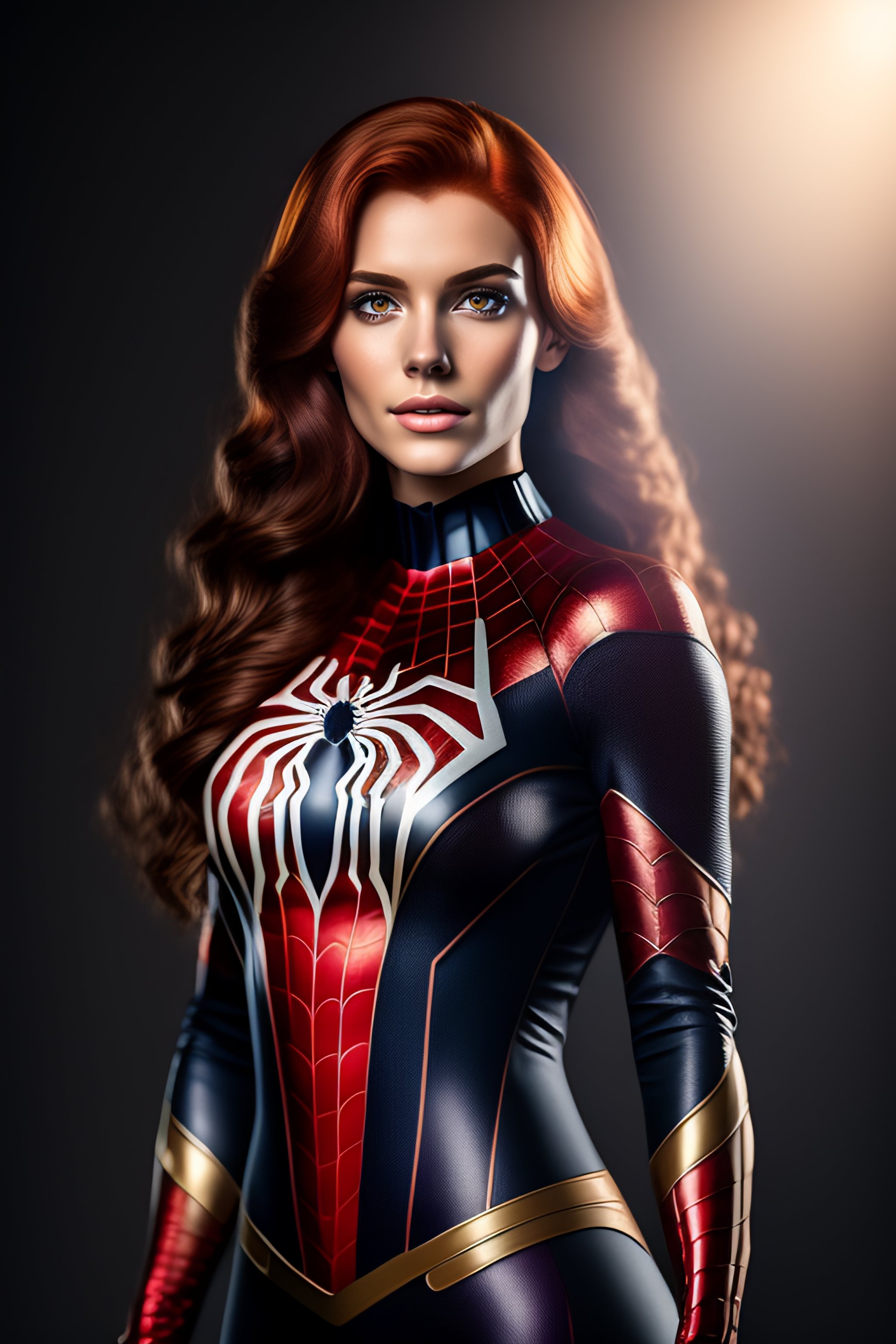 Lexica - A half body portrait of beautiful Spider-Girl, aged 18, auburn ...