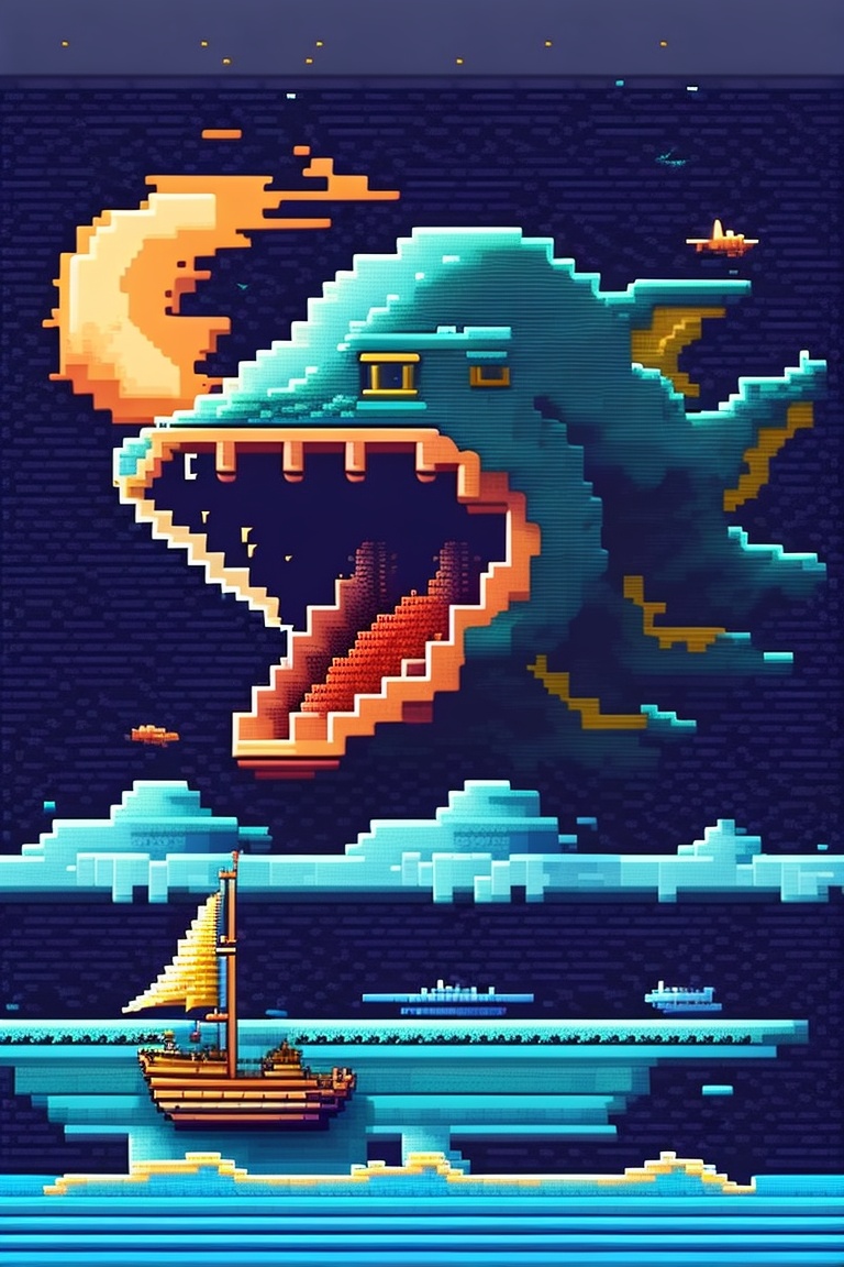 Lexica - Kraken monster, stormy seas, 8-bit, videogame