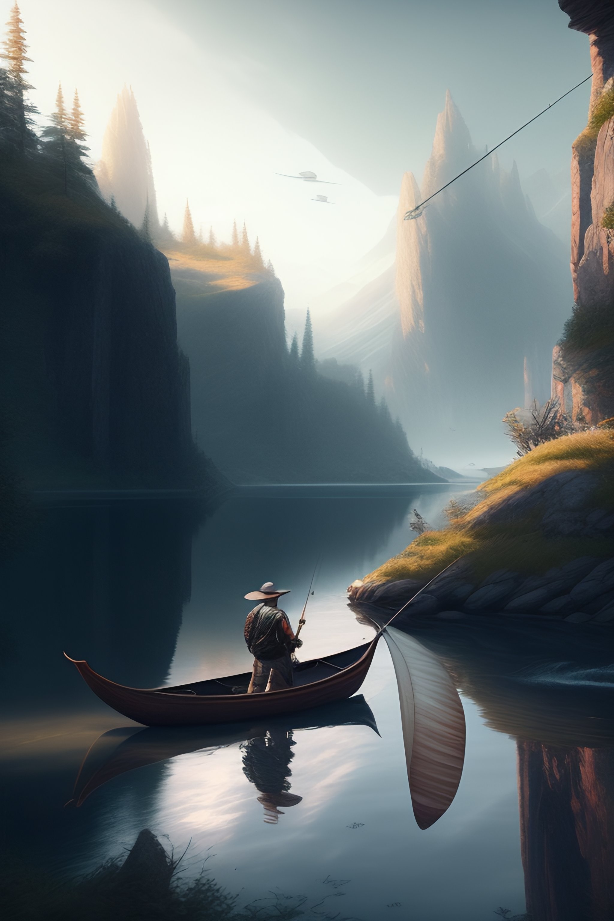 Lexica - 2 friends with fishing rods in a boat fishing in a hidden ...