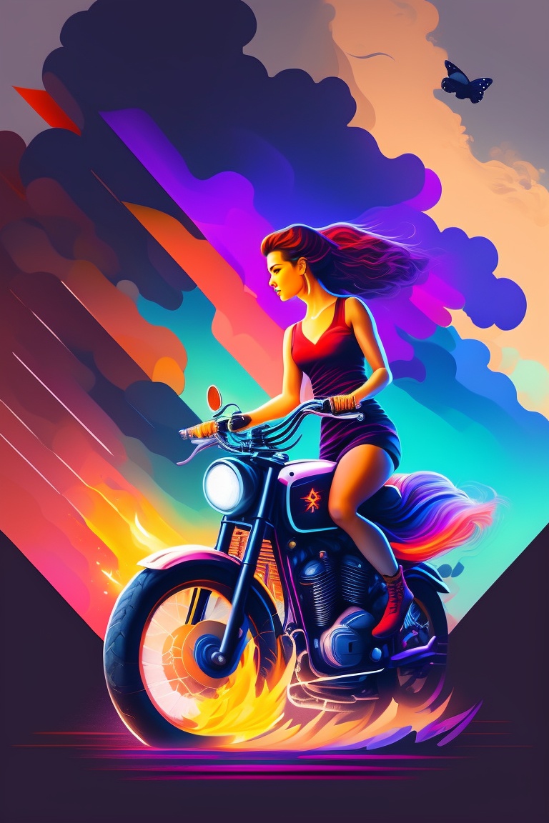 Lexica - Hali Davidson bike with girl, mix color, and fire, illustration