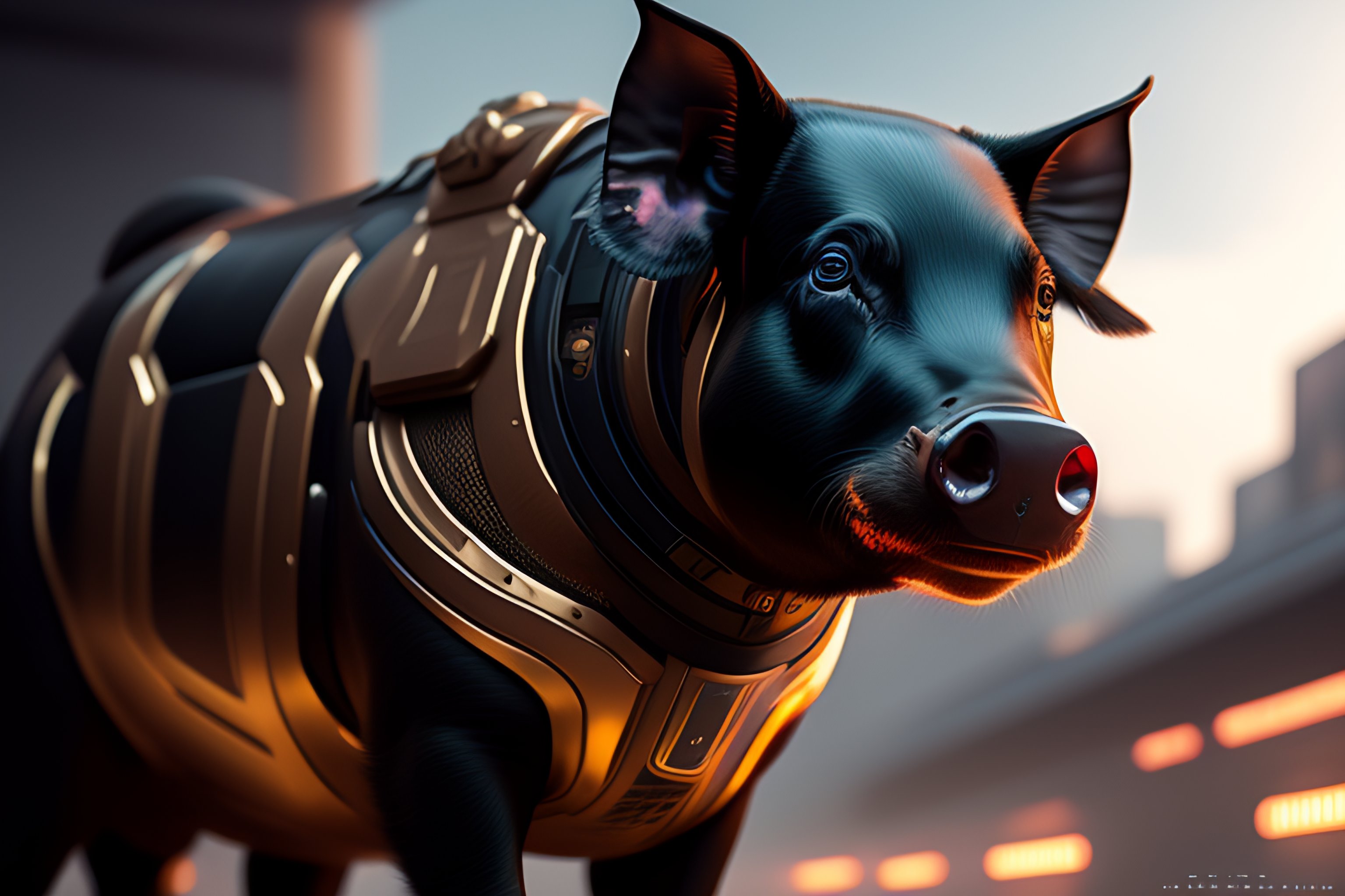 Lexica - Portrait painting of a cybernetic black pig with power armor ...