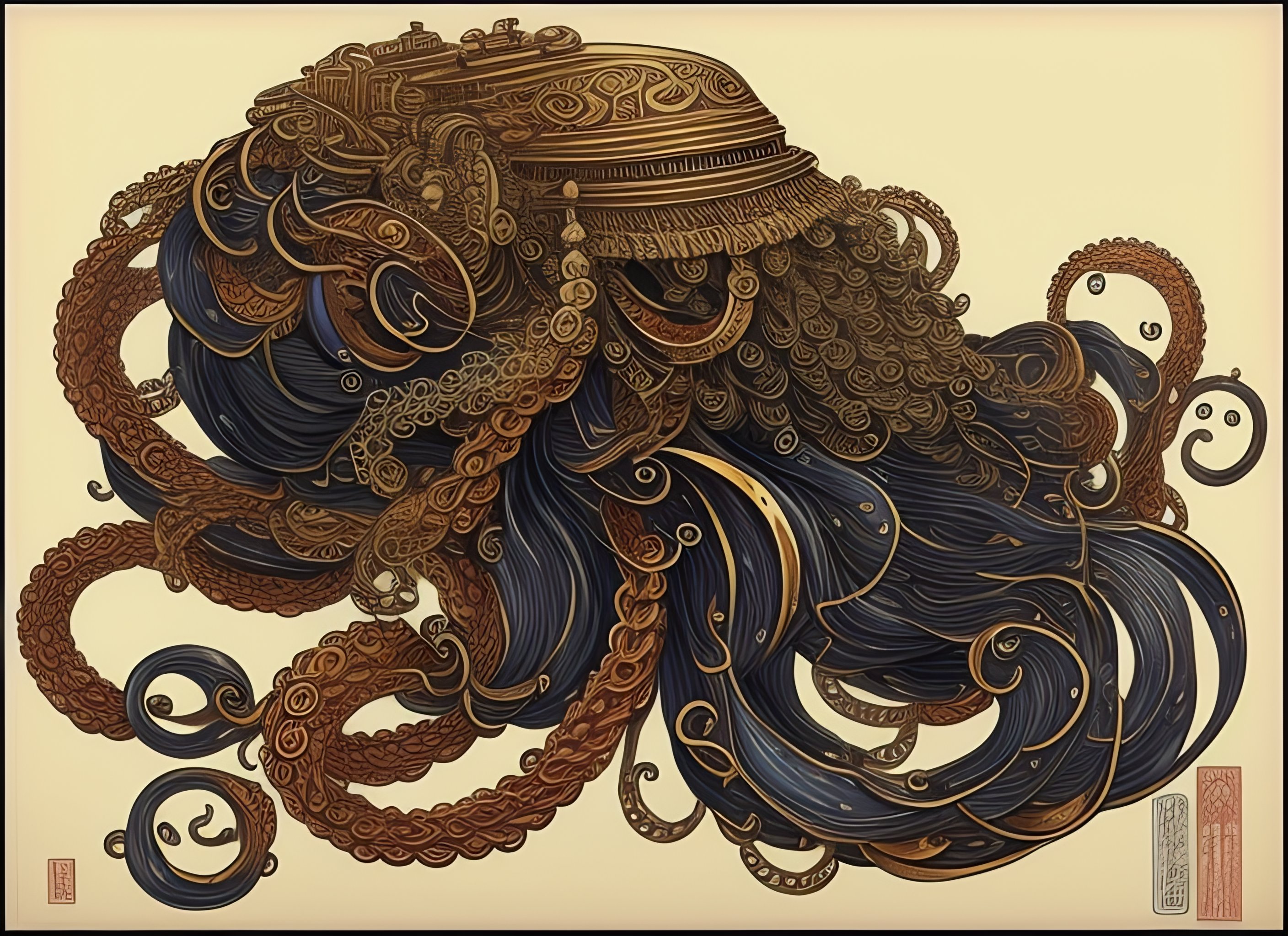 Lexica - A robot octopus with chains for arms, beautiful ink drawing in ...