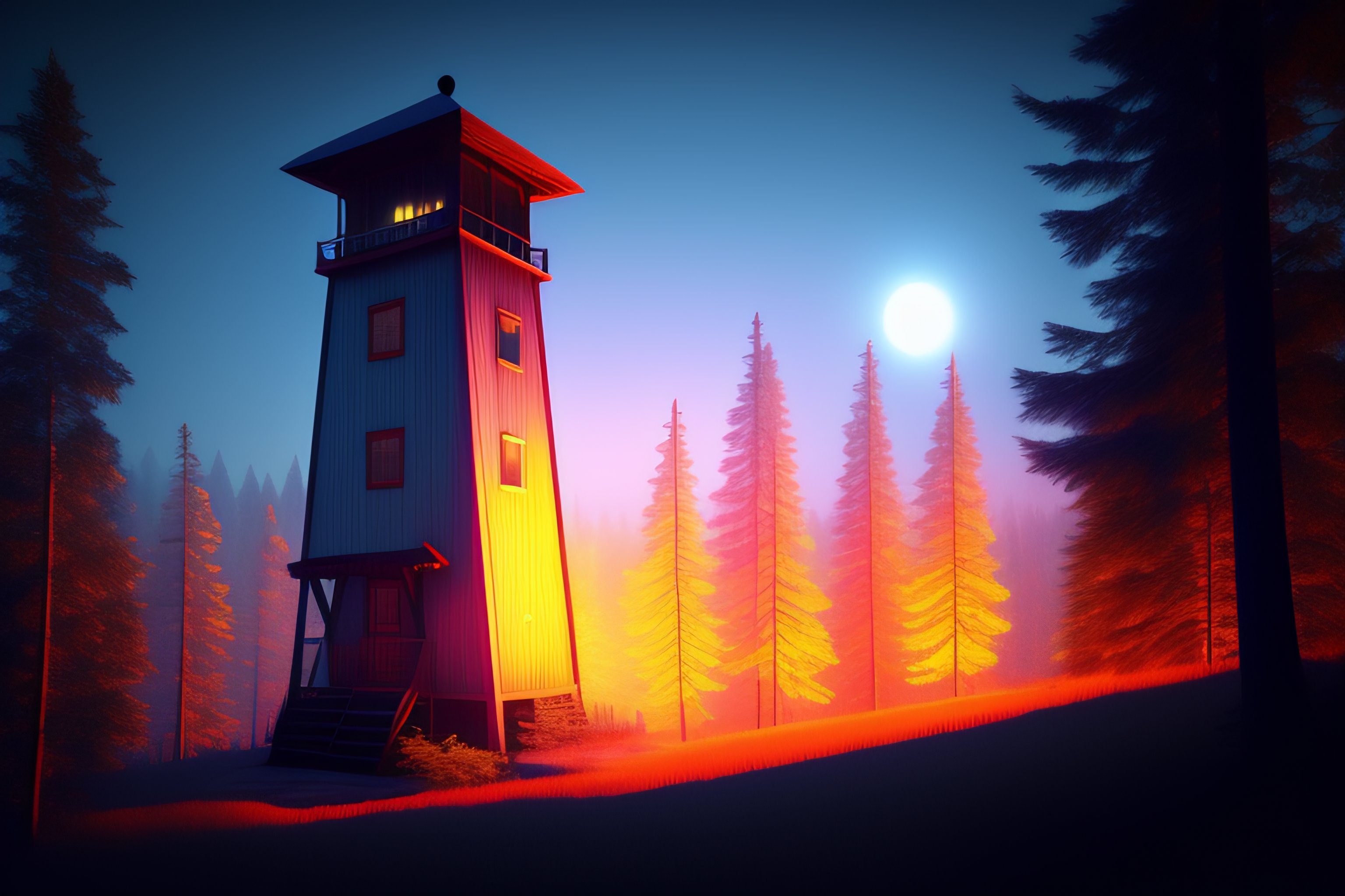 Lexica - A firewatch tower in the middle of the forest, in the night ...