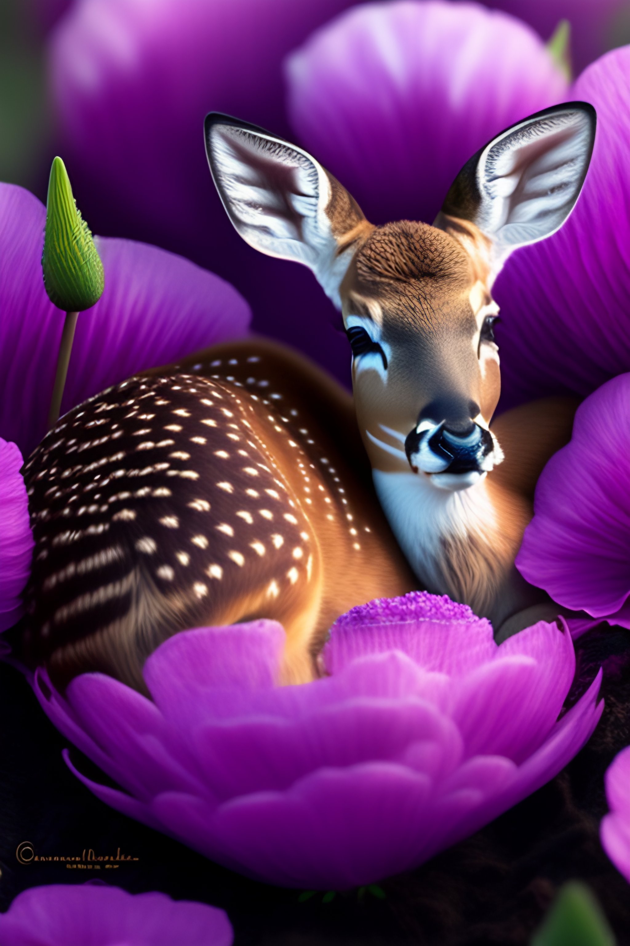 Lexica - Deer fawn sleeping in giant purple hollyhock flower, digital ...