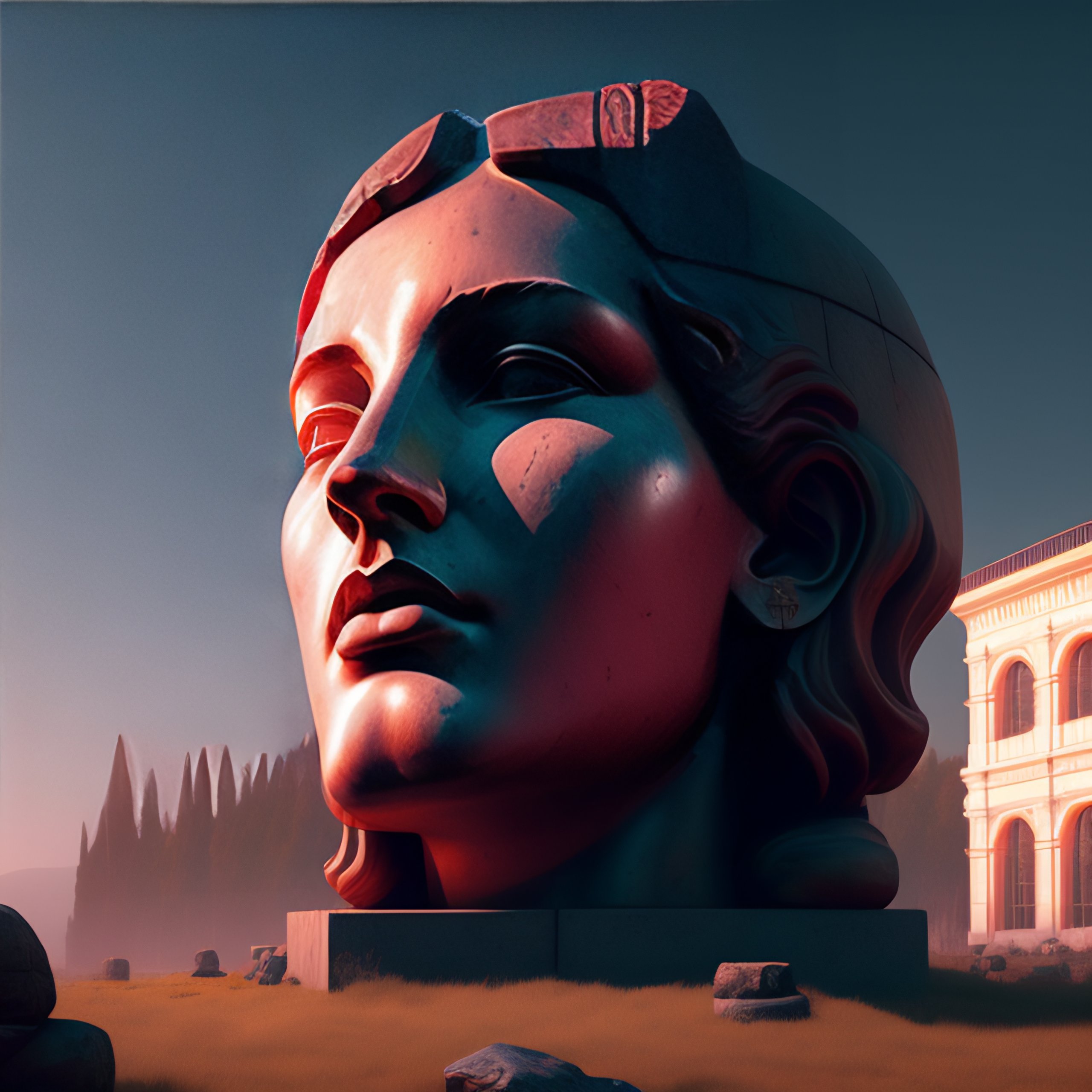 Lexica - Big huge statue with Greek and roman head of stone lying split ...