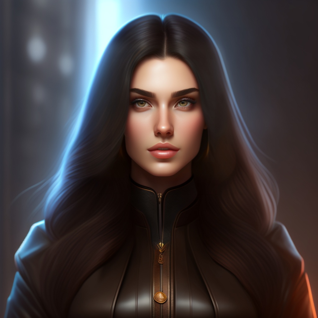 Lexica - Suspense character, female, with a mysterious look, long dark hair