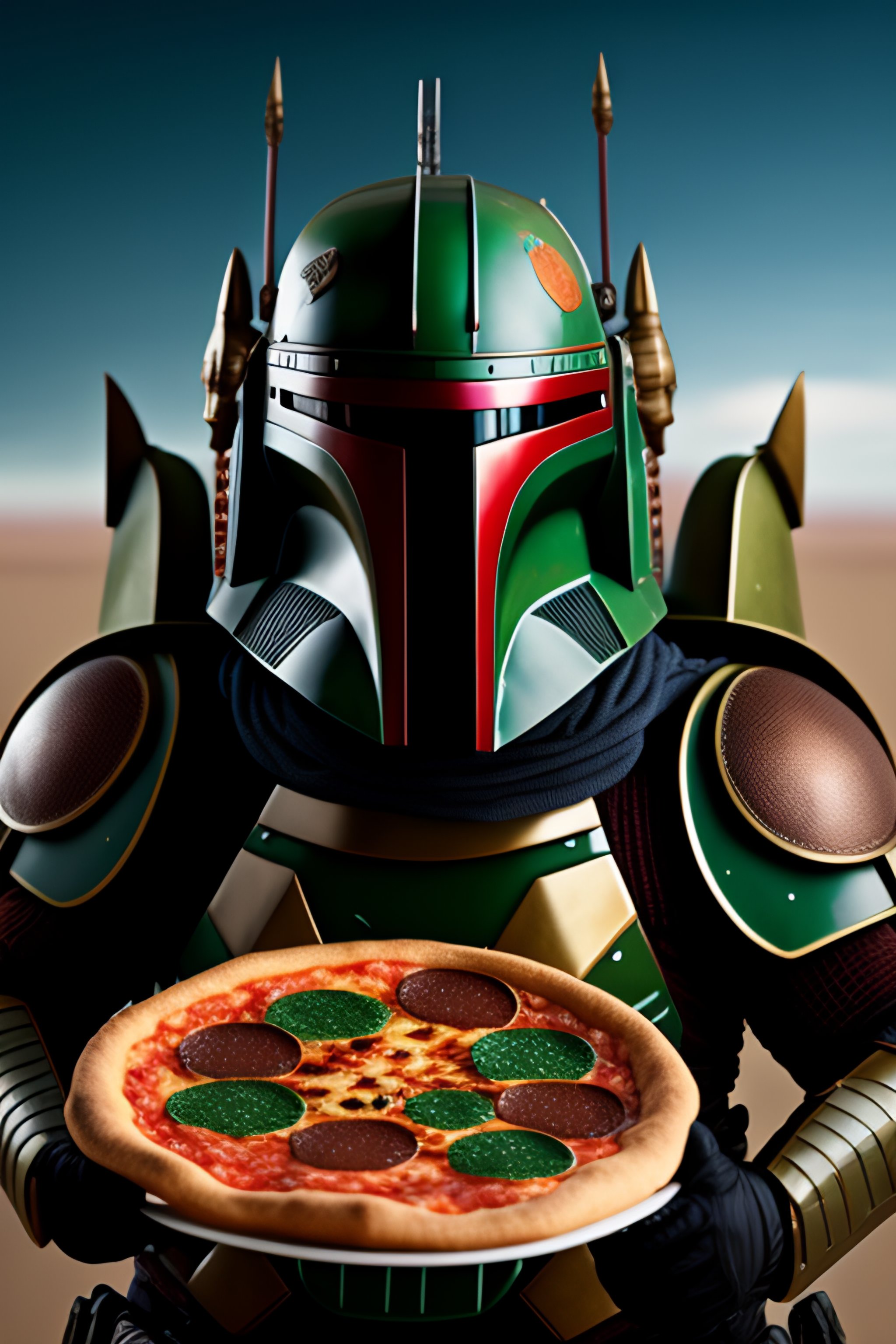 Lexica - Armored boba fett eating pizza