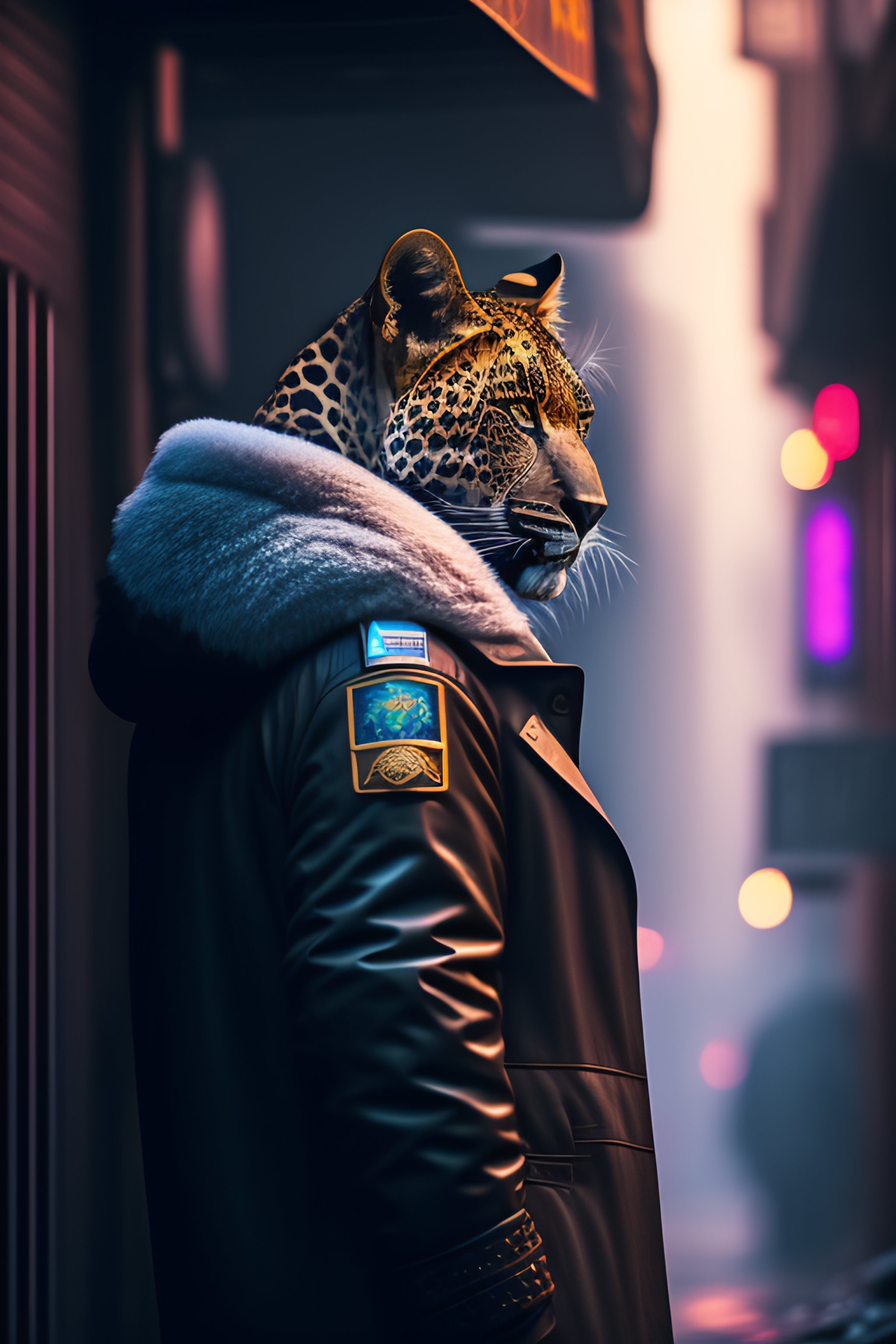 Lexica - Mercenary leopard smoking in a cyberpunk alley