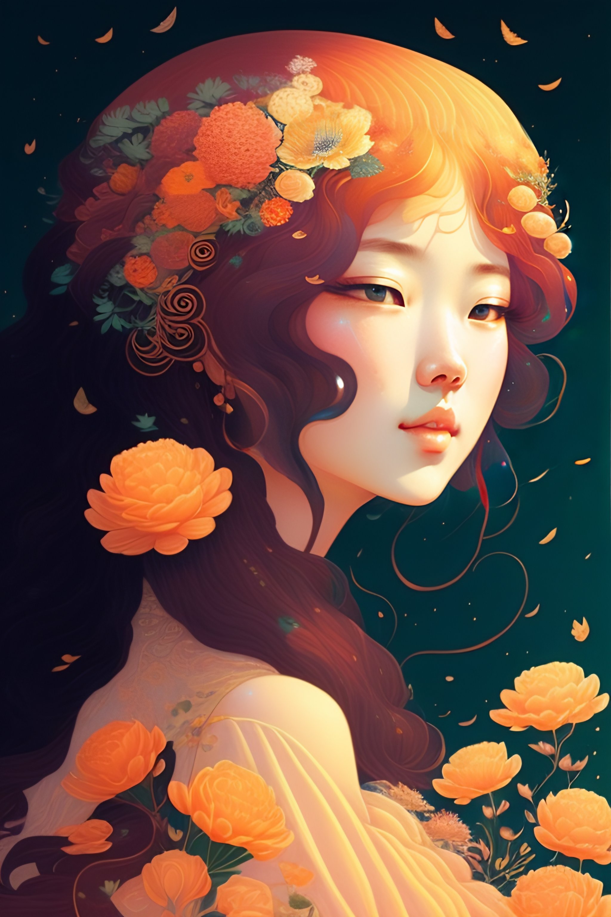 Lexica - Beautiful cute front portrait Korean ninfa, big long curly ...