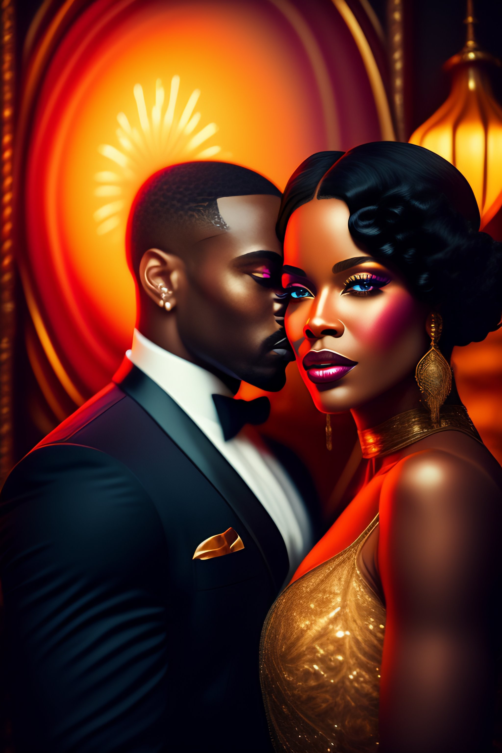 Lexica - A beautiful classy partying black couple, dimly lit upscale 1920s speakeasy, fireworks ...