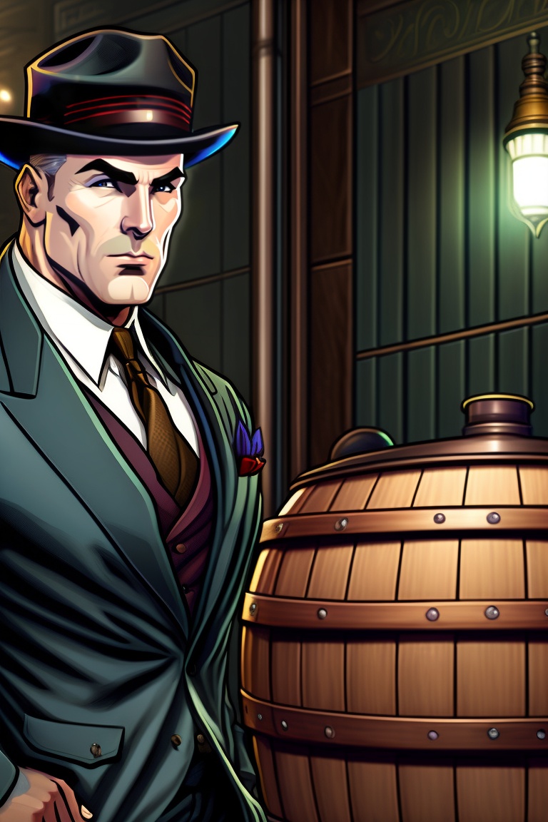 Lexica - Male 1920s mobster standing next to a wooden barrel while ...