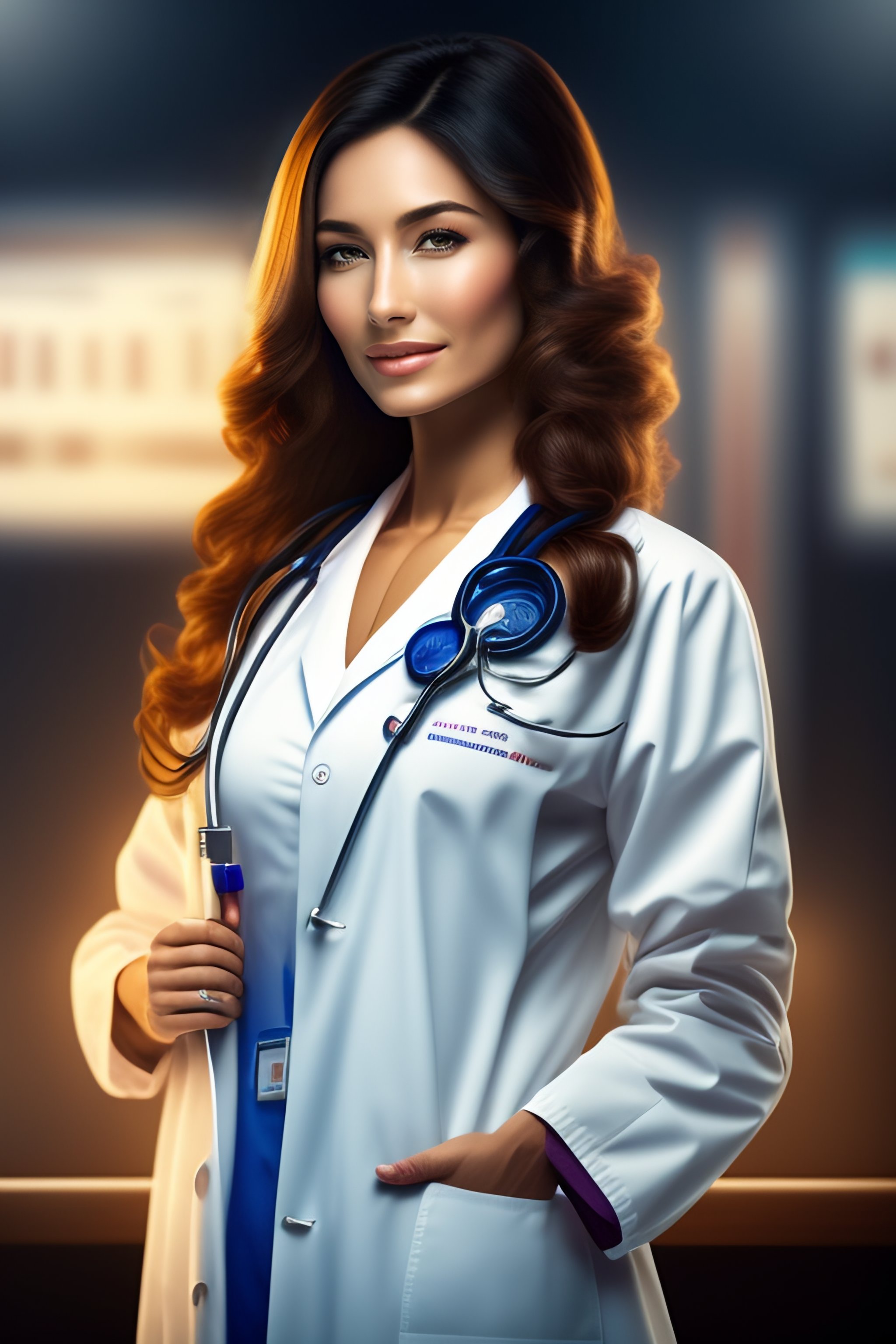 Lexica - A pretty, long wavy haired healthy doctor. well ironed dress ...