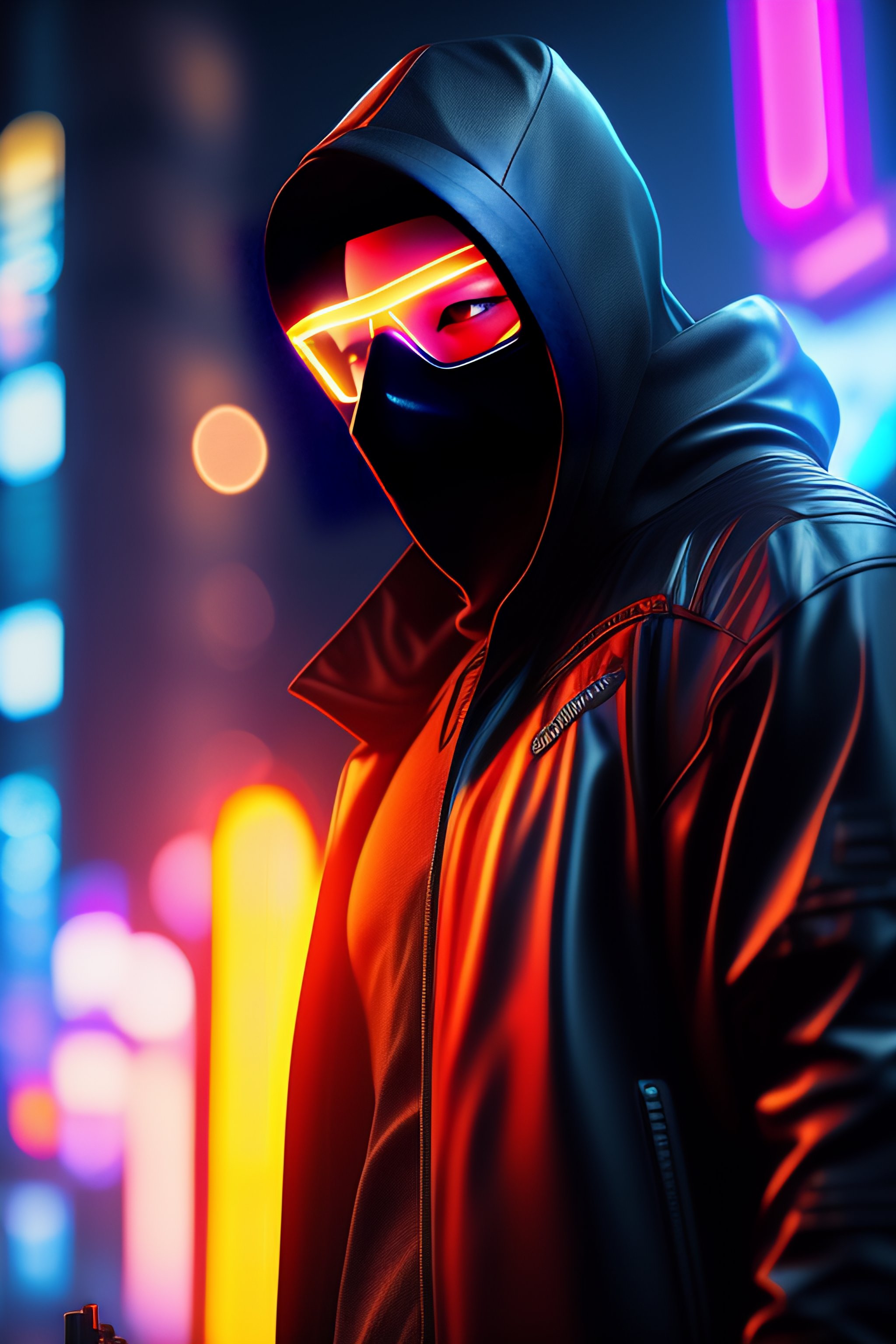 Lexica - Futeristic cyberpunk masked assassin, shooting gun, heavy rain ...