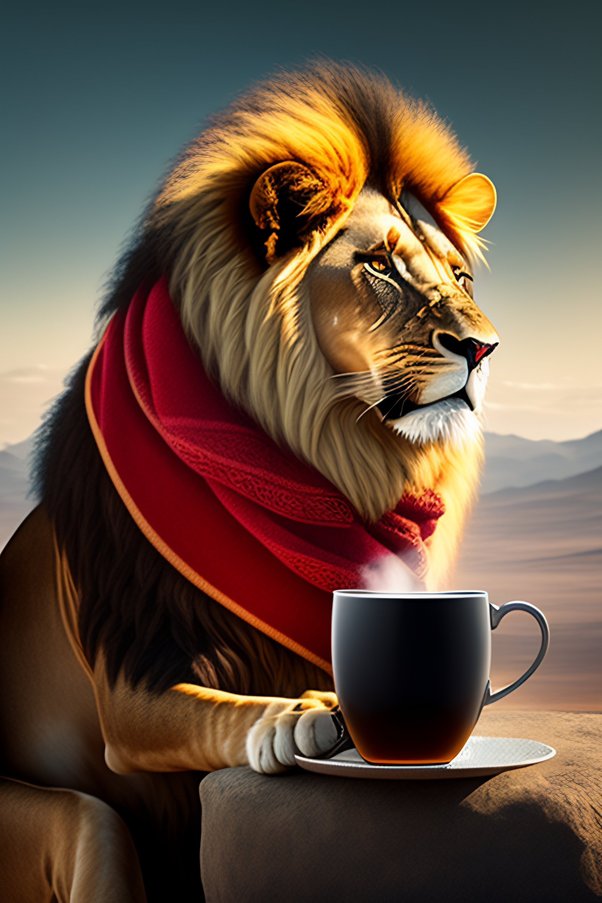 Lexica - A lion with a scarf drinking steaming tea
