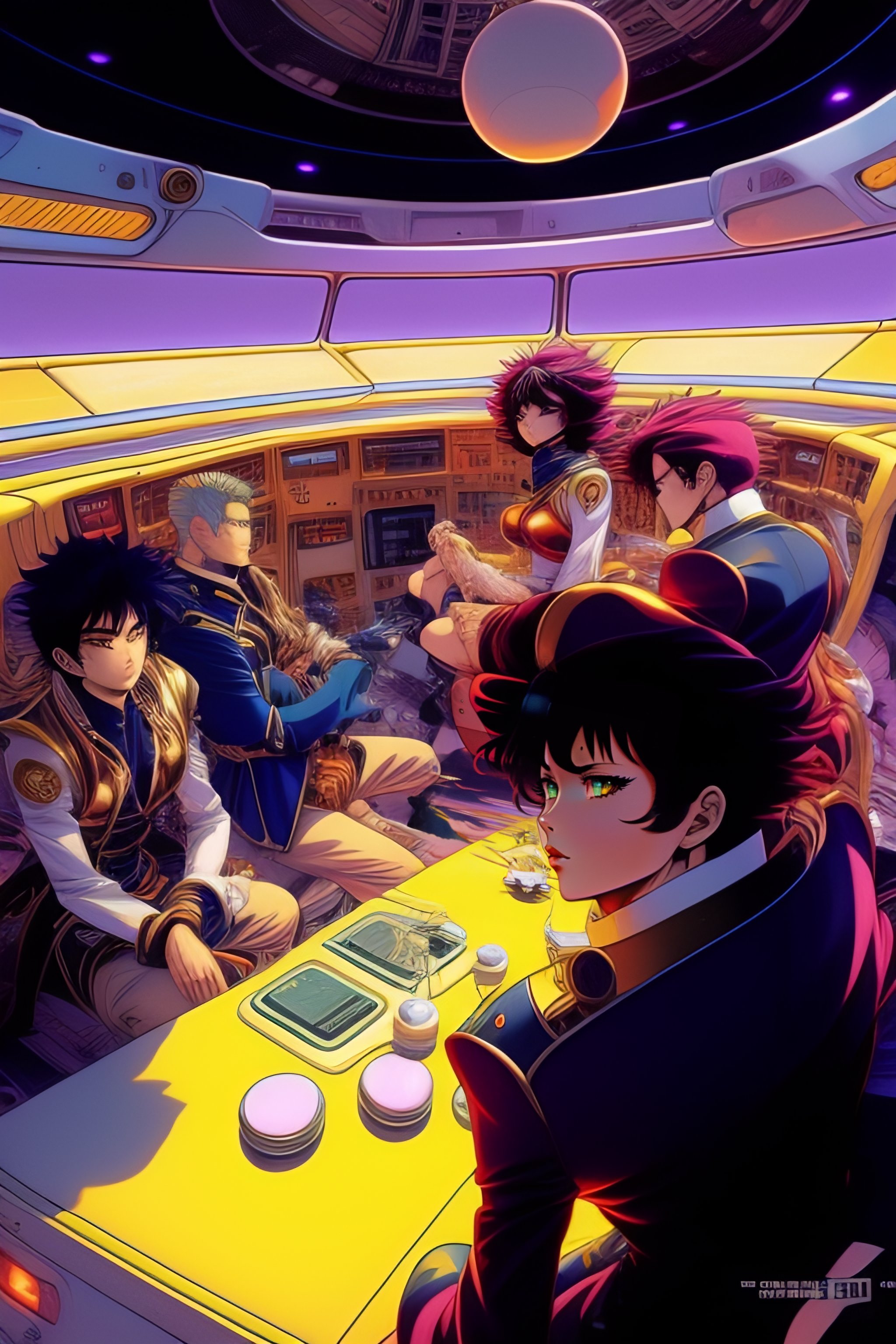 Lexica - Vintage 80's anime style. cluttered starship interior; crew ...