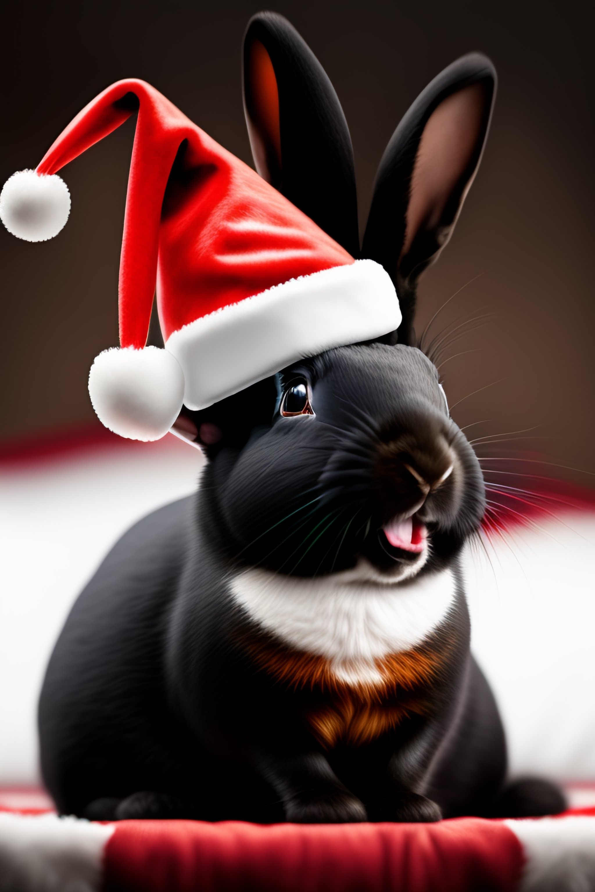 Lexica - Christmas, a black rabbit in a santa claus hat laughs