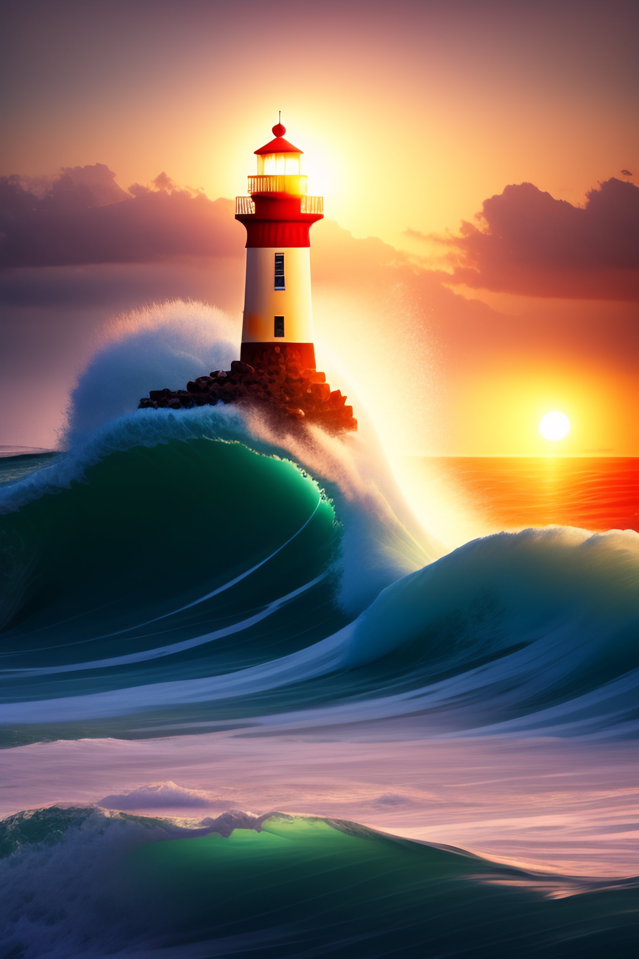 Lexica - A lighthouse in the middle of the sea, with wild sea hitting ...
