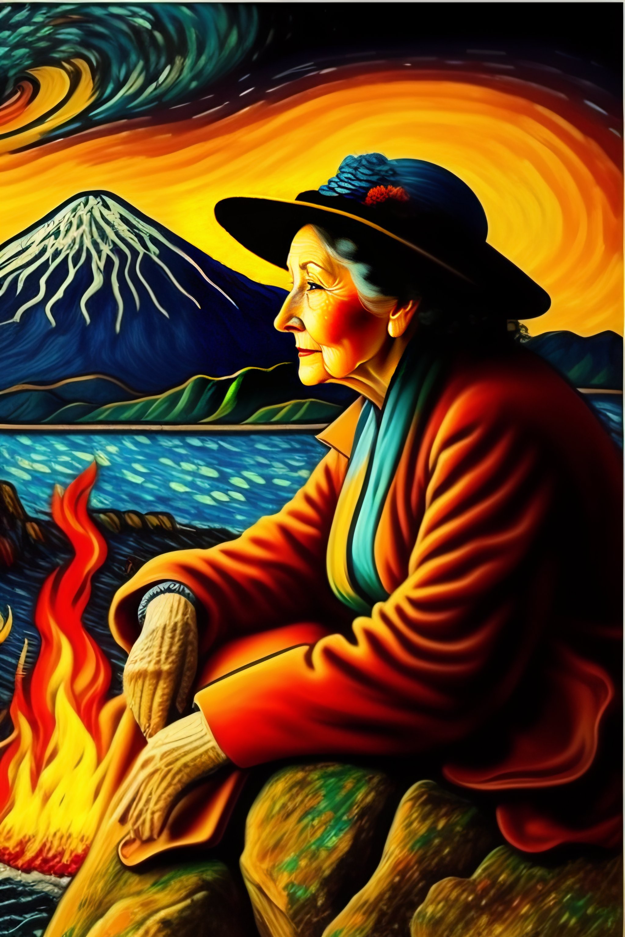 Lexica - Drawing in van gogh style of a old lady sitting on a rock ...