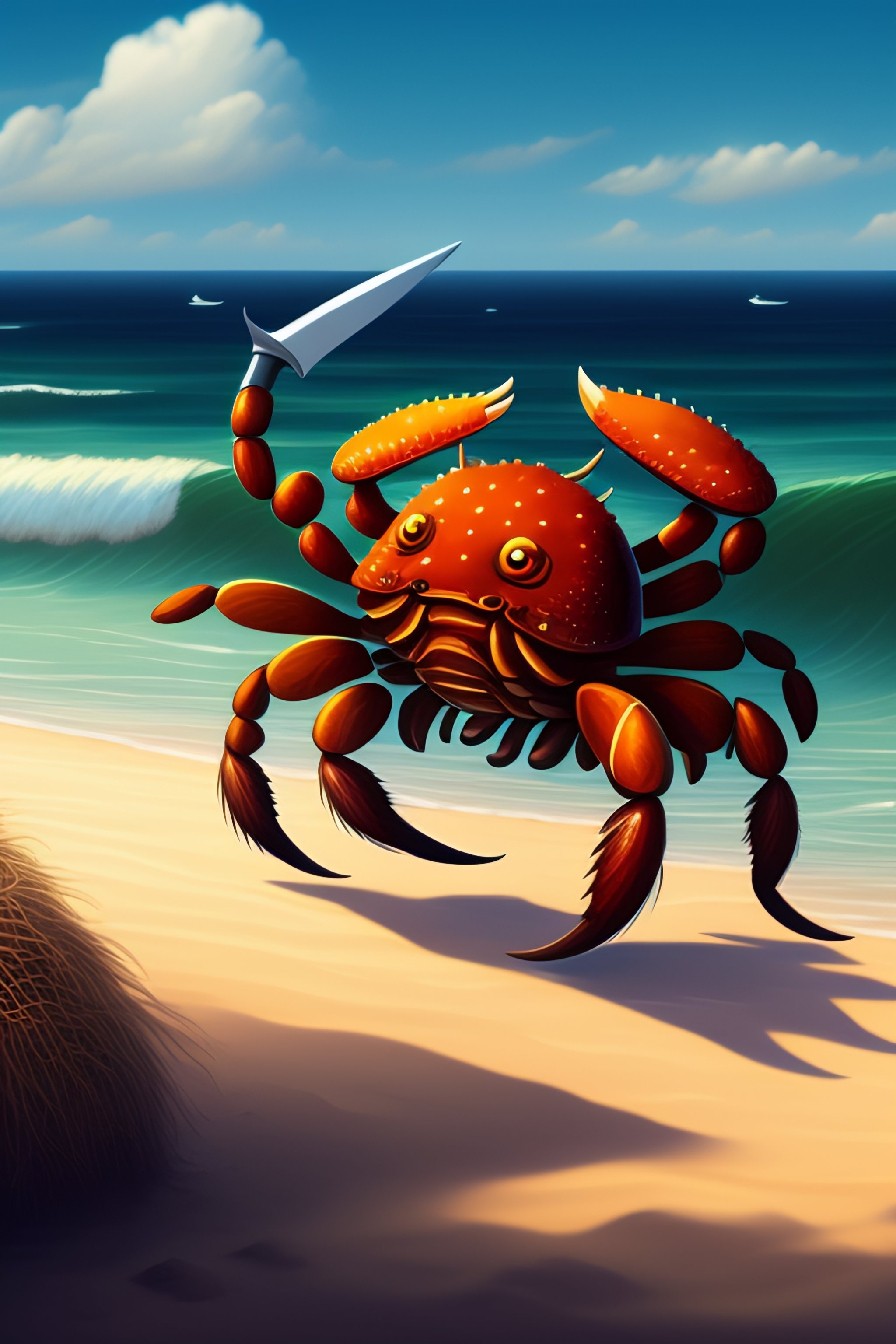 Lexica - Illustration of a Humanoid monster crab holding a spear on a beach