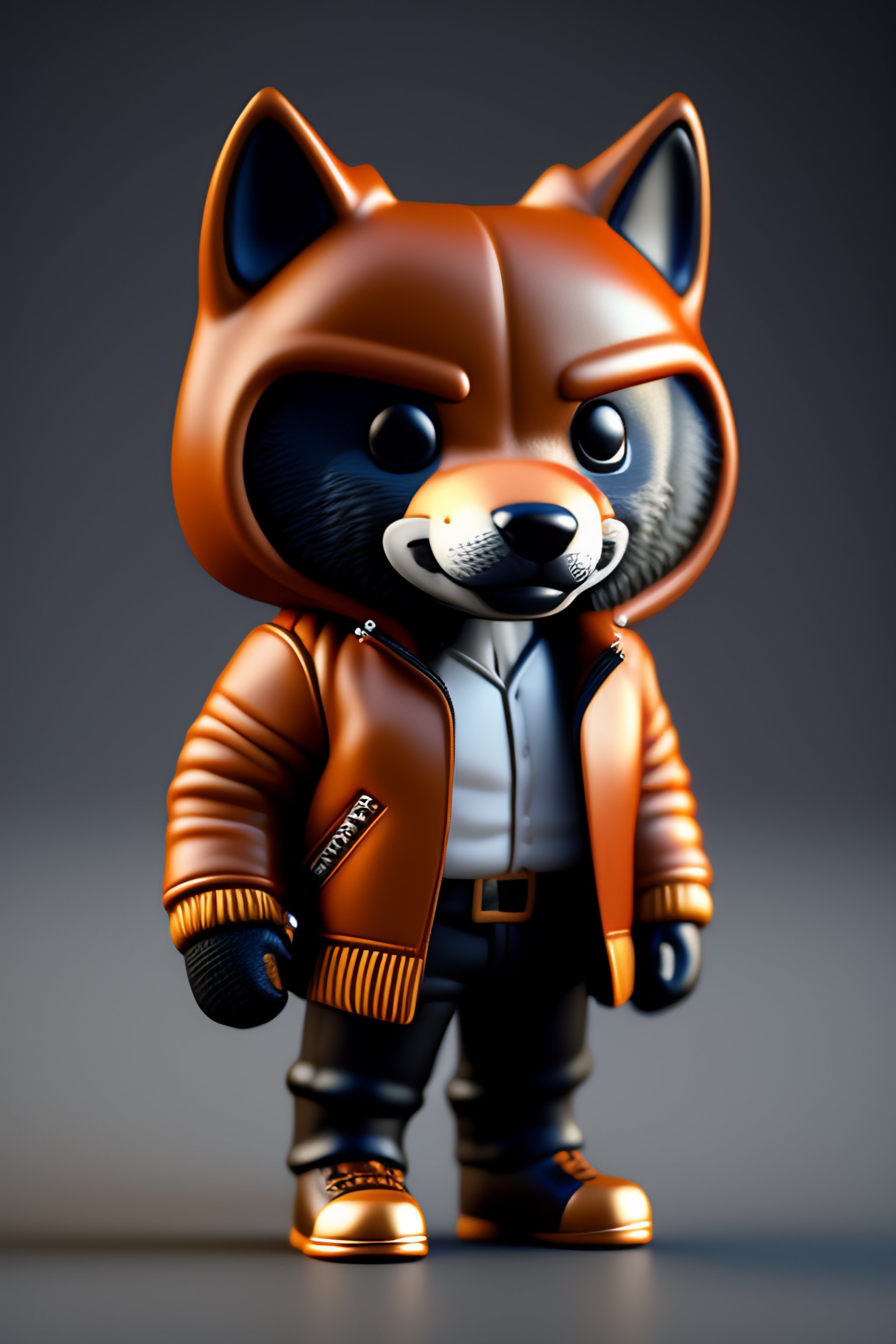 Lexica - Full body 3d render of funko pop wolf in a leather jacket