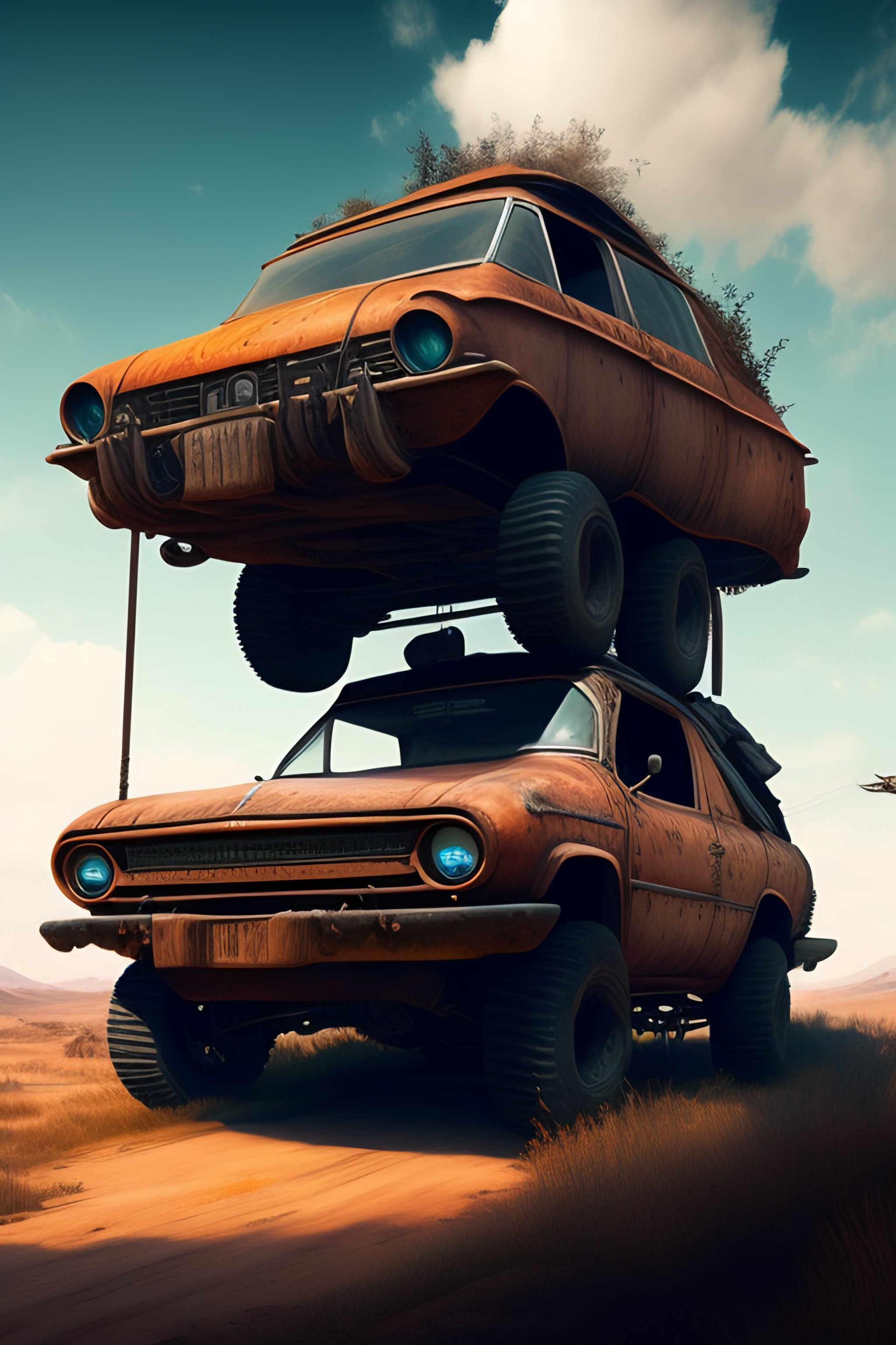 Lexica - Fantasy art of a post apocalyptic dwarf driving a rusted car