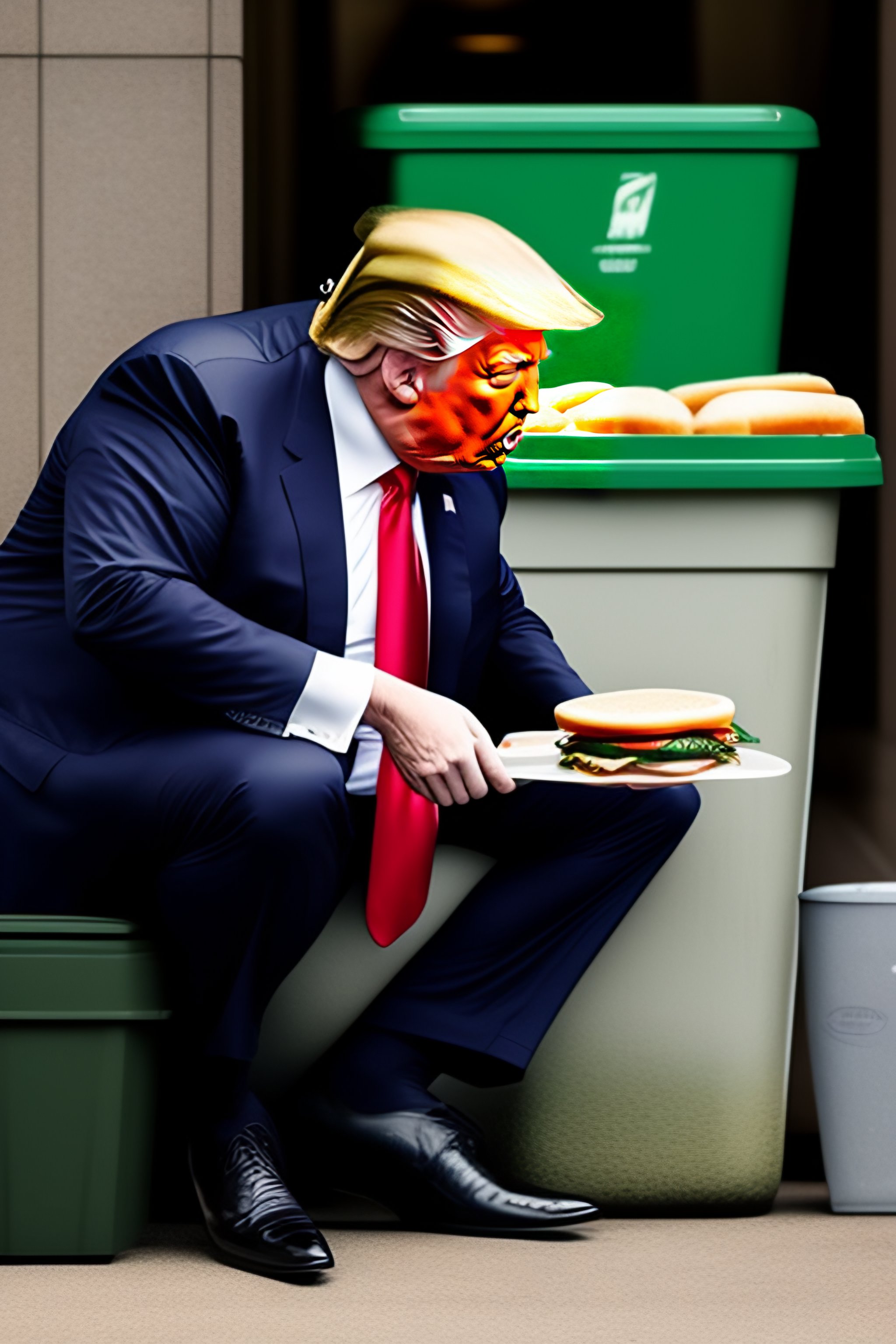 Lexica - Trump eating a sandwich between garbage cans