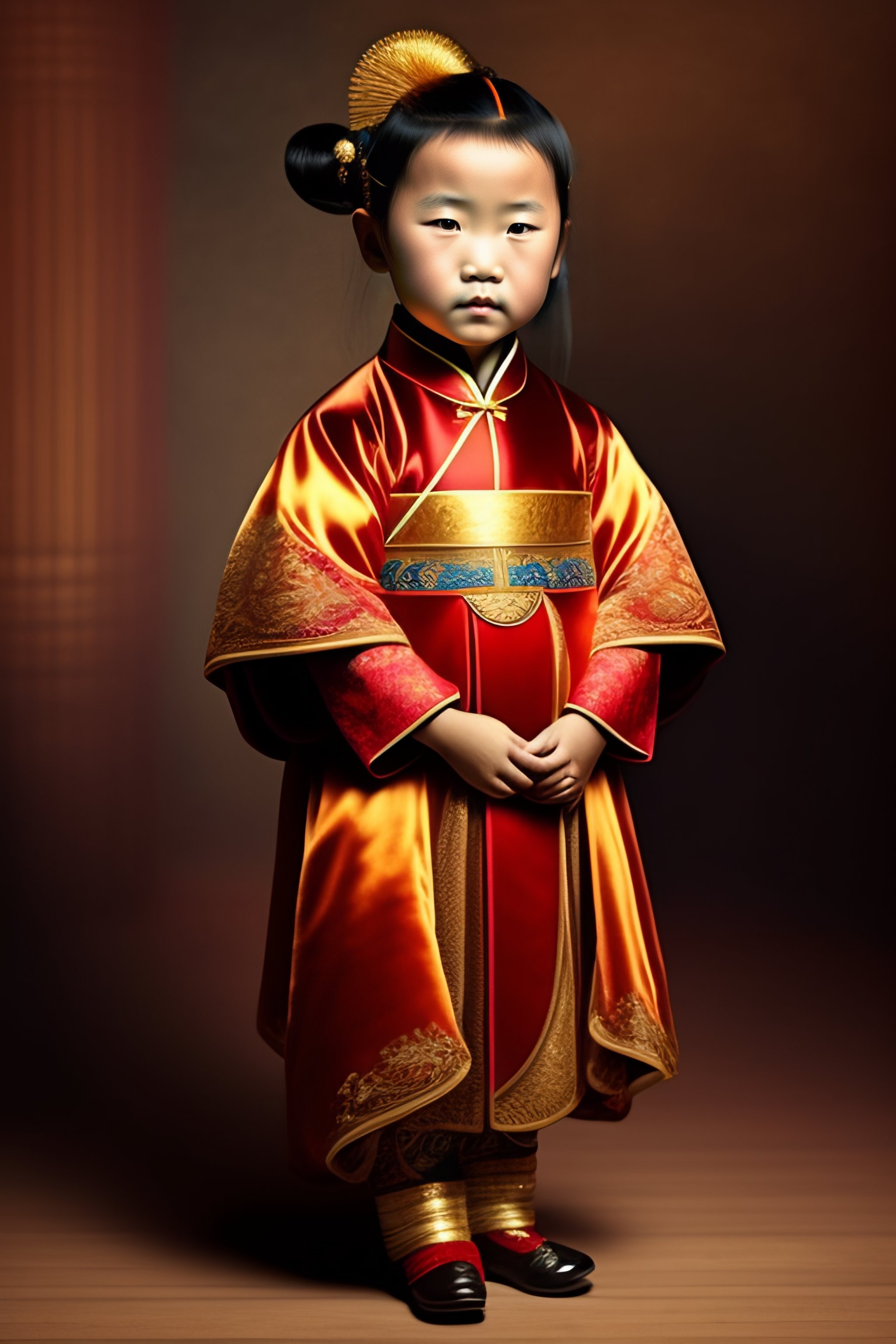 Lexica - Female Chinese child with wooden leg dressed in royal garb