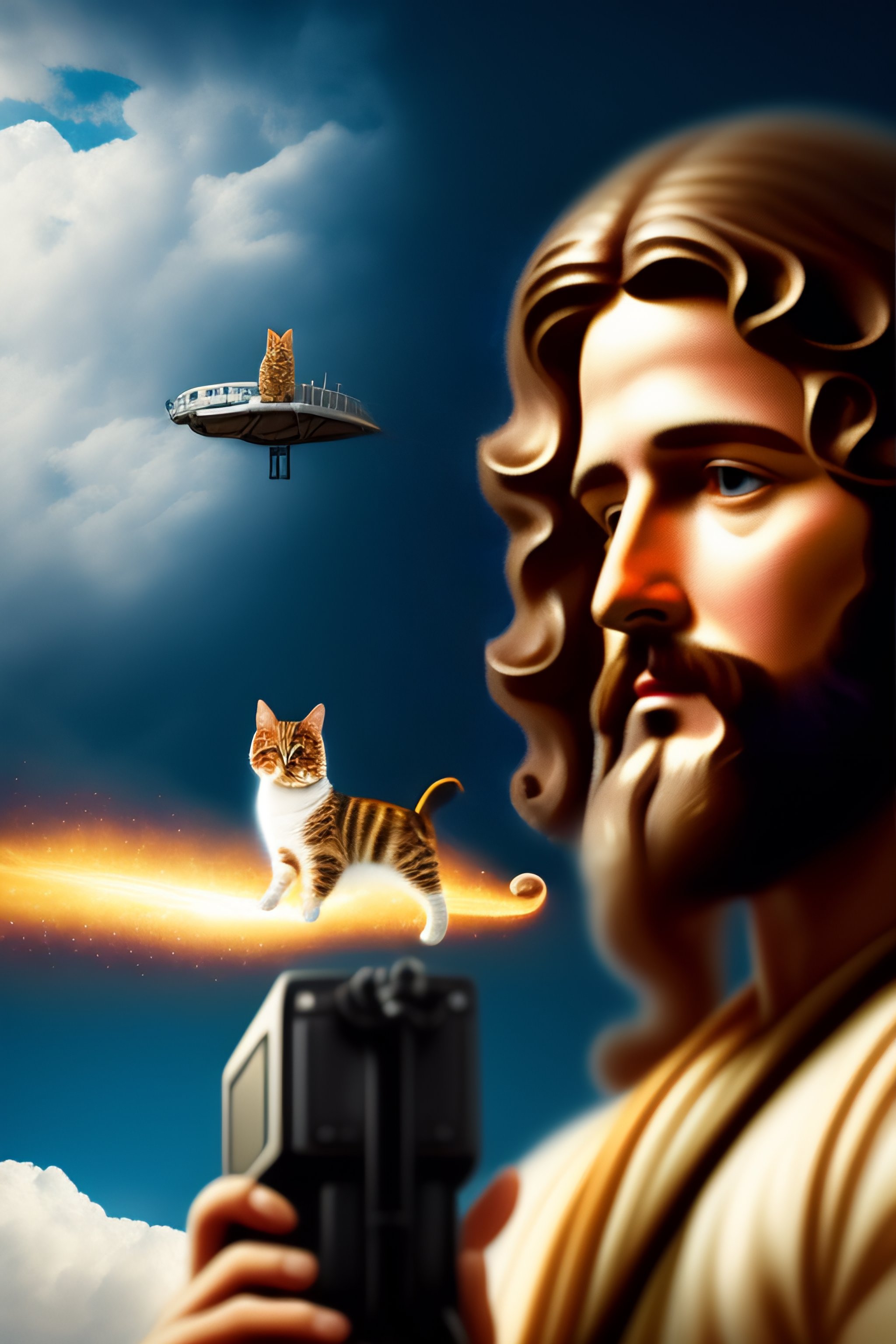 Lexica - A photo of jesus christ who watch the camera and launch a cat ...