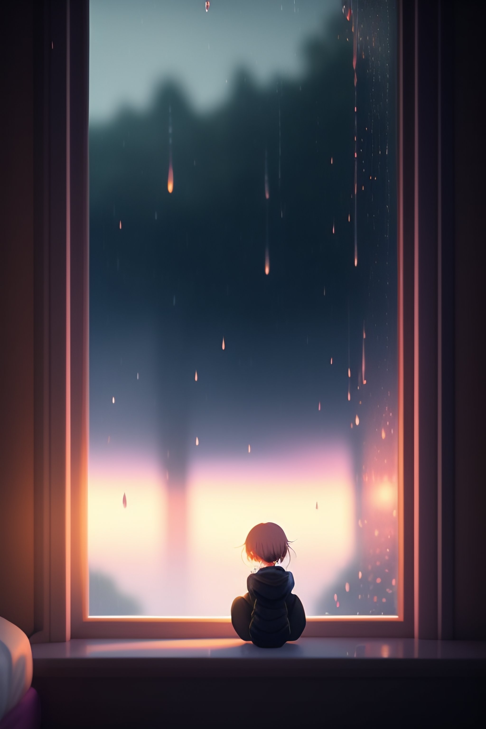Lexica - A girl viewing a windows inside bedroom at rainy night makoto ...