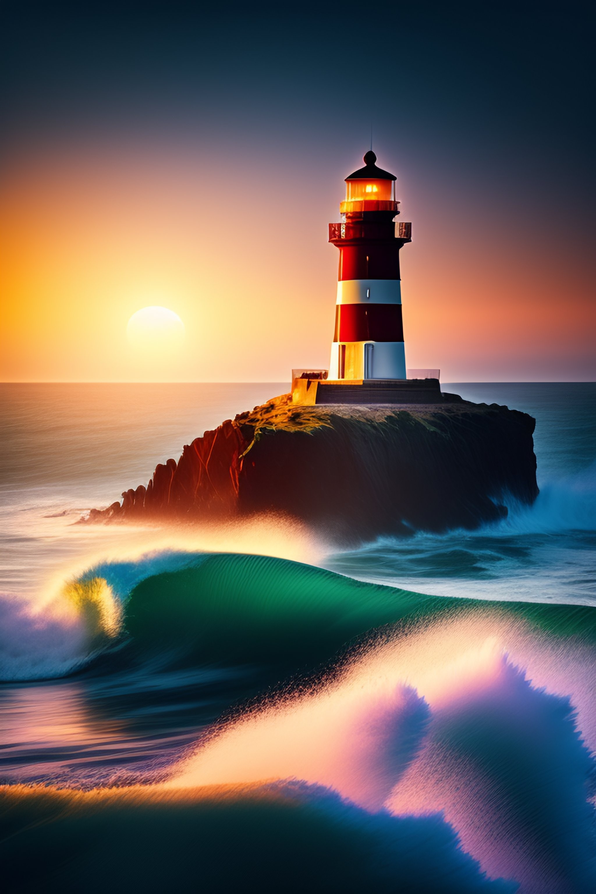 Lexica - A lighthouse in the middle of the sea, with wild sea hitting ...