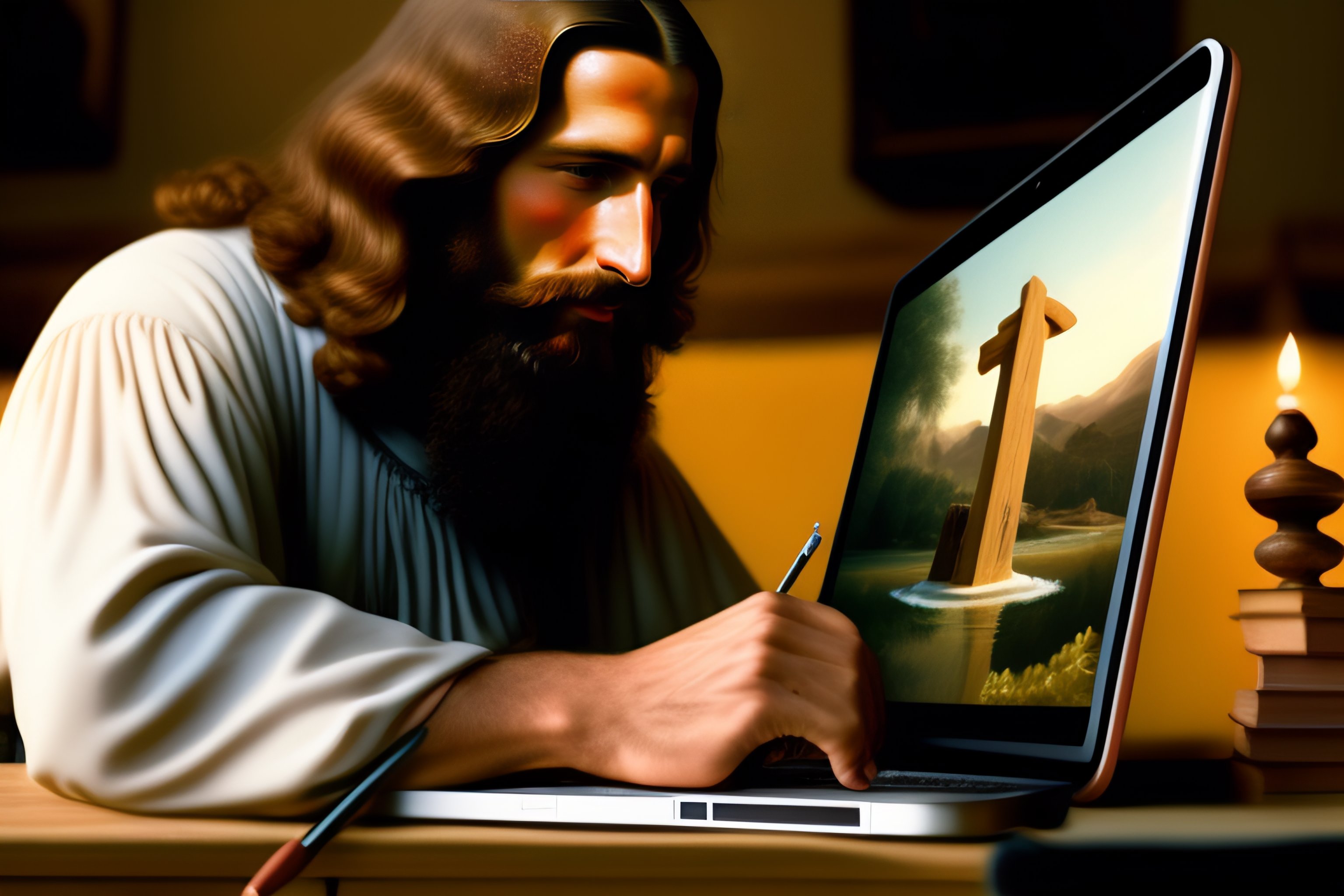 Lexica - Old color photo, year 1, jesus christ is writing on his apple ...