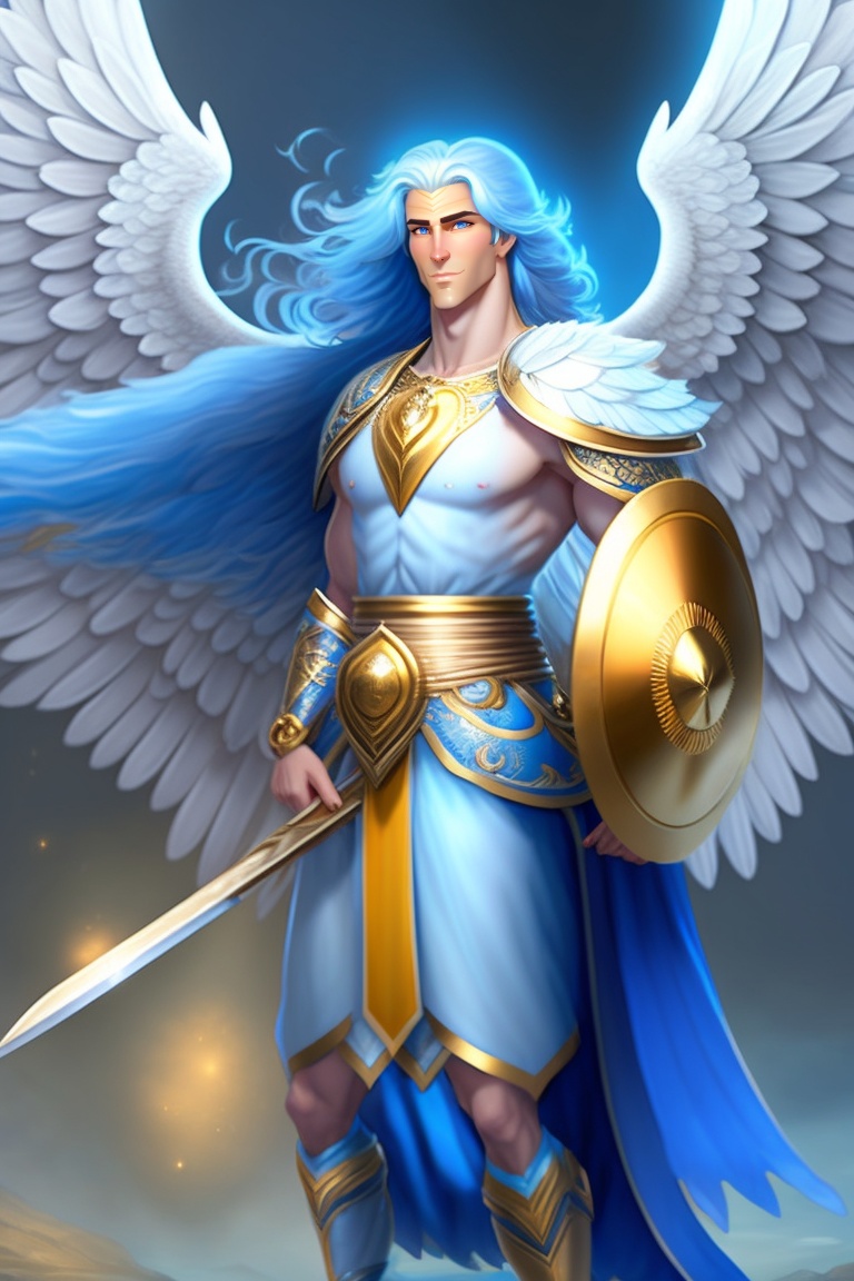 Lexica - A male angel, with long wavy blue hair, bright blue eyes, and ...