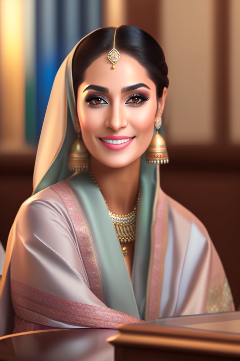 Lexica - The Pakistani woman news anchor sits confidently behind her ...