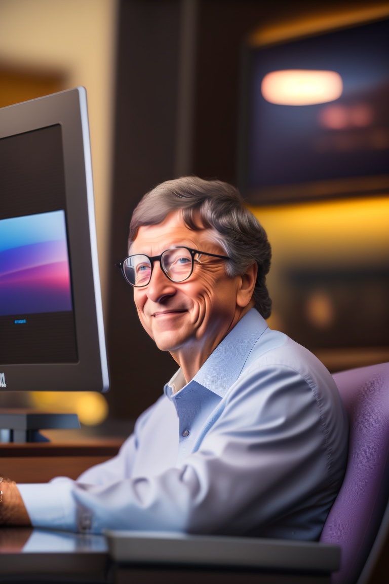 Lexica - Bill Gates sitting on the computer, film grain, EOS-1D, f/1.4 ...