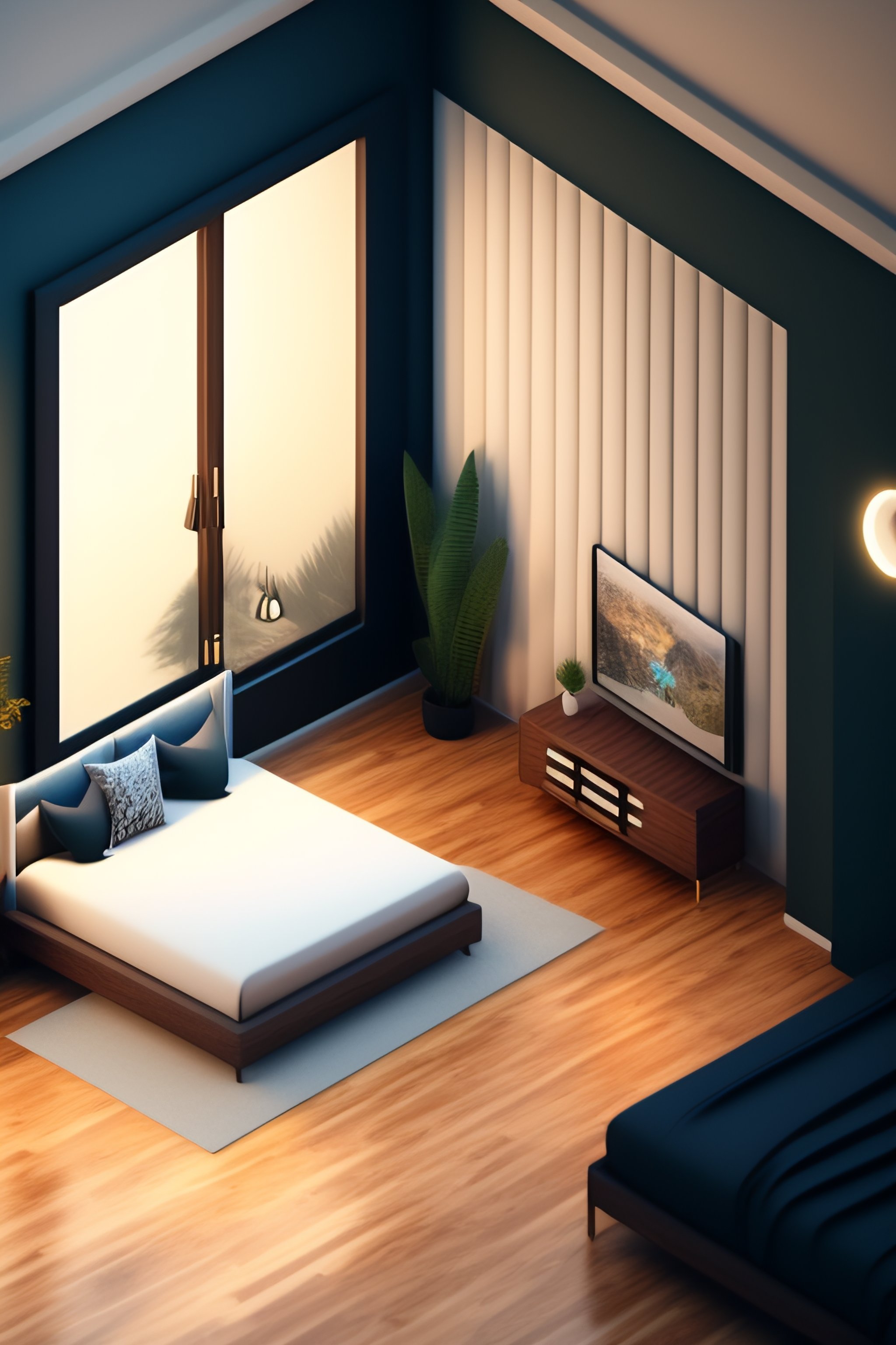 Lexica - Isometric render of the bedroom interior of a a modern middle ...