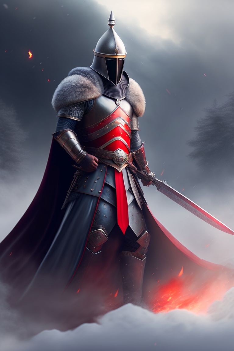 Lexica - Arthurian legend knight in a bloody snowy field, smoke, ash