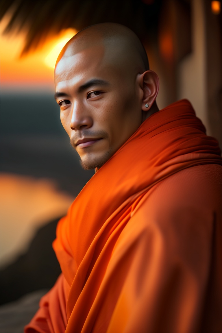 Lexica - A close-up portrait of a white-skinned monk wearing orange ...