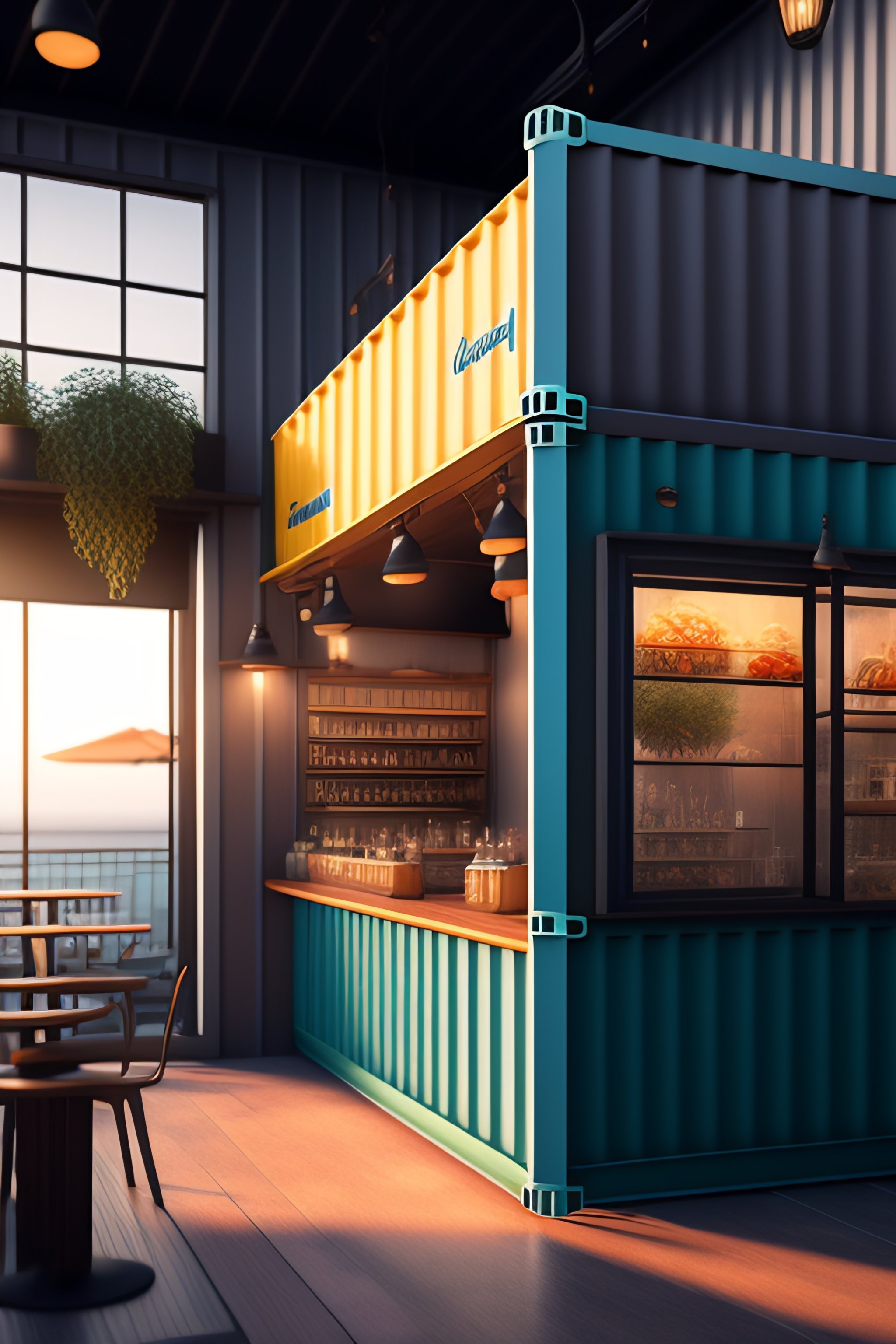 Lexica - Architectural render of a fish restaurant inside a container ...