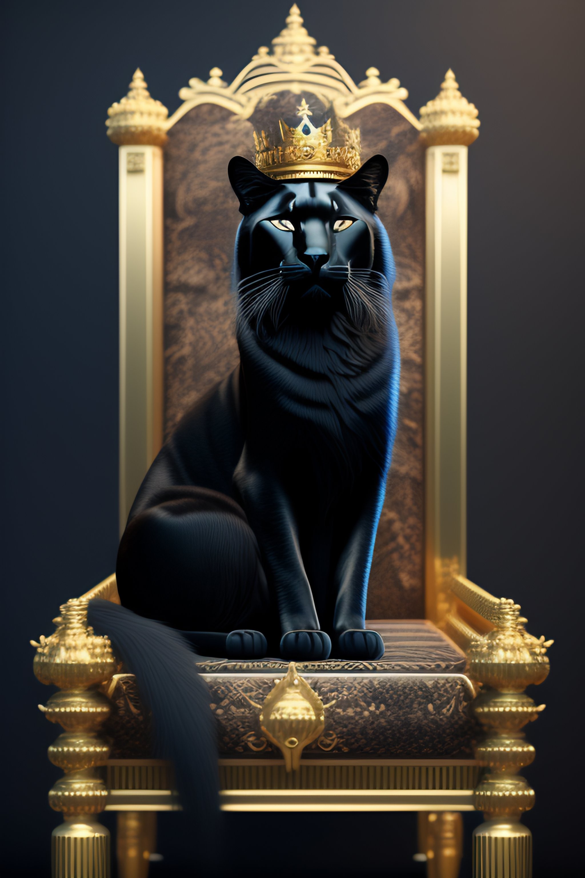 Lexica - King black cat sitting on throne, with crown, in jungle, lions ...